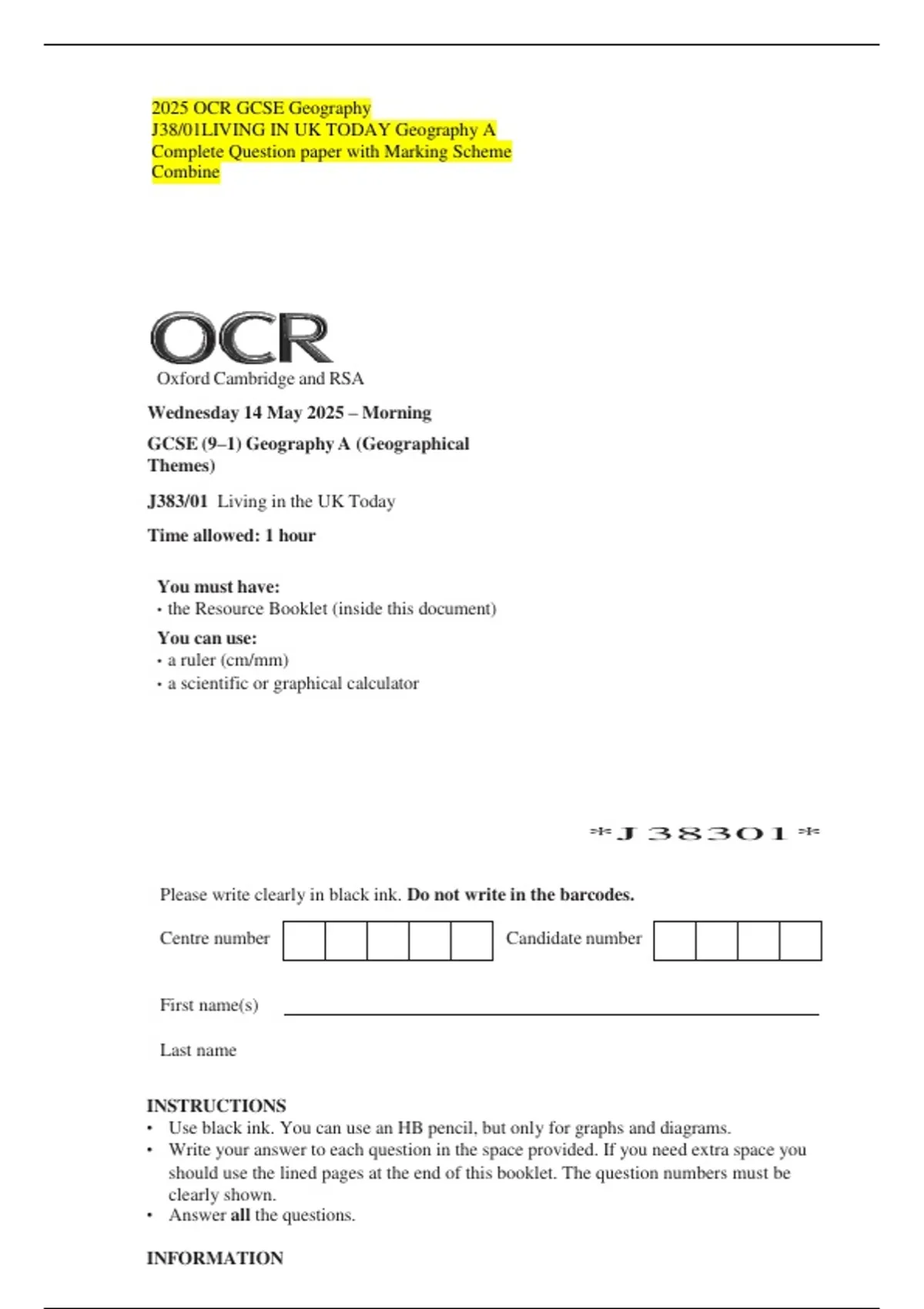 2025 OCR GCSE Geography J38/01LIVING IN UK TODAY Geography A Complete ...