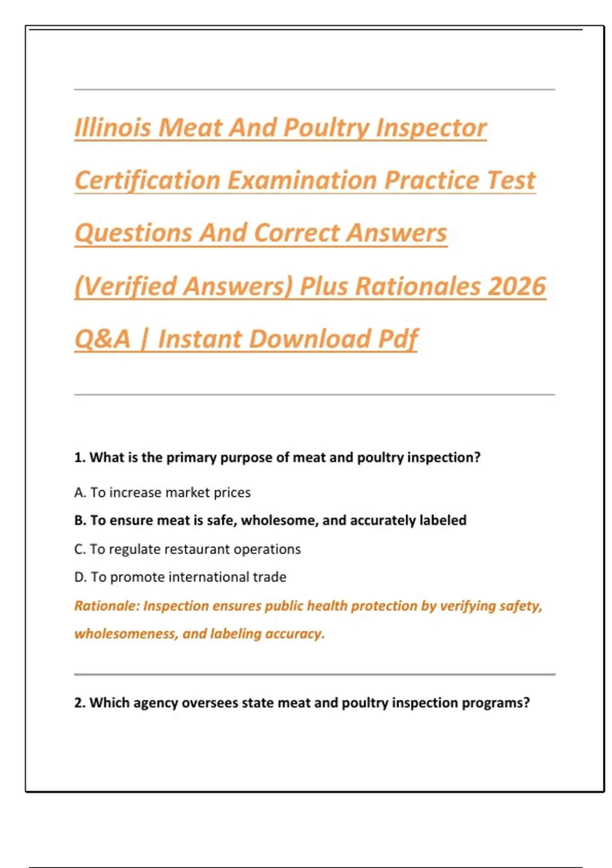 Illinois Meat And Poultry Inspector Certification Examination Practice ...