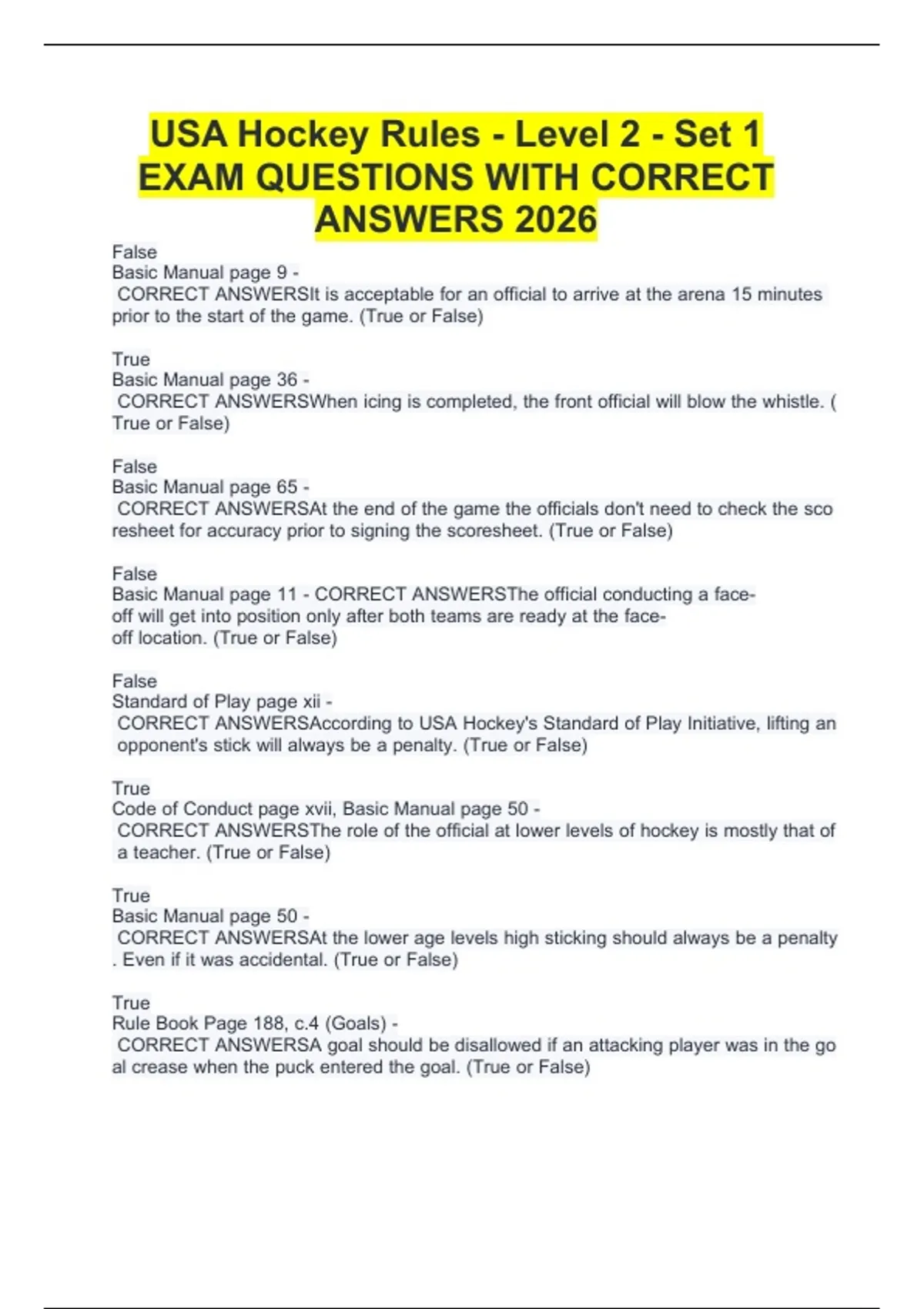 USA Hockey Rules - Level 2 - Set 1 EXAM QUESTIONS WITH CORRECT ANSWERS ...