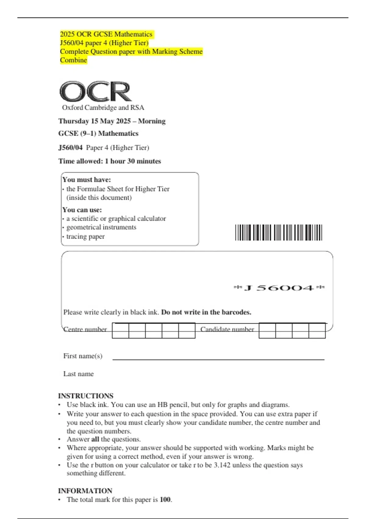 2025 OCR GCSE Mathematics J560/04 paper 4 (Higher Tier) Complete ...