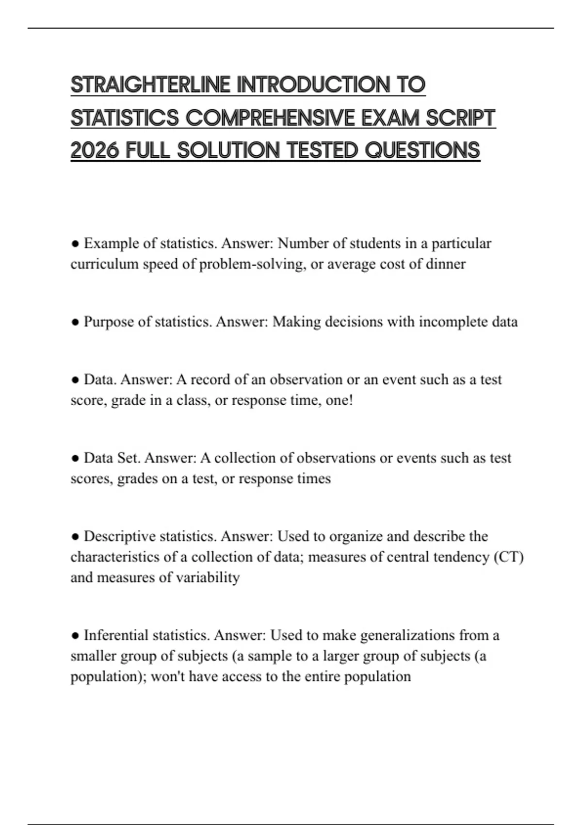 STRAIGHTERLINE INTRODUCTION TO STATISTICS COMPREHENSIVE EXAM SCRIPT ...