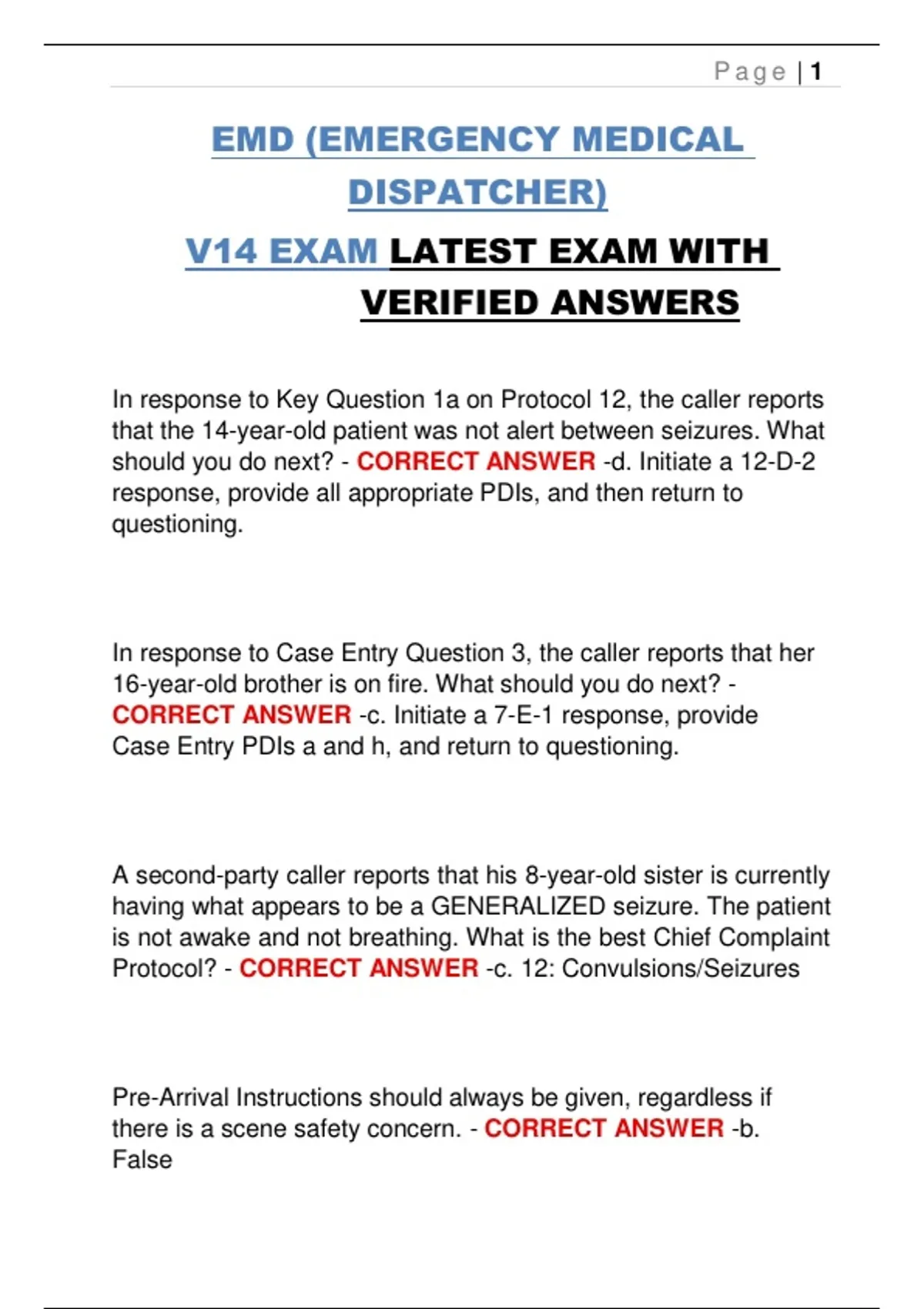 EMD (EMERGENCY MEDICAL DISPATCHER) V14 EXAM LATEST EXAM WITH VERIFIED ...