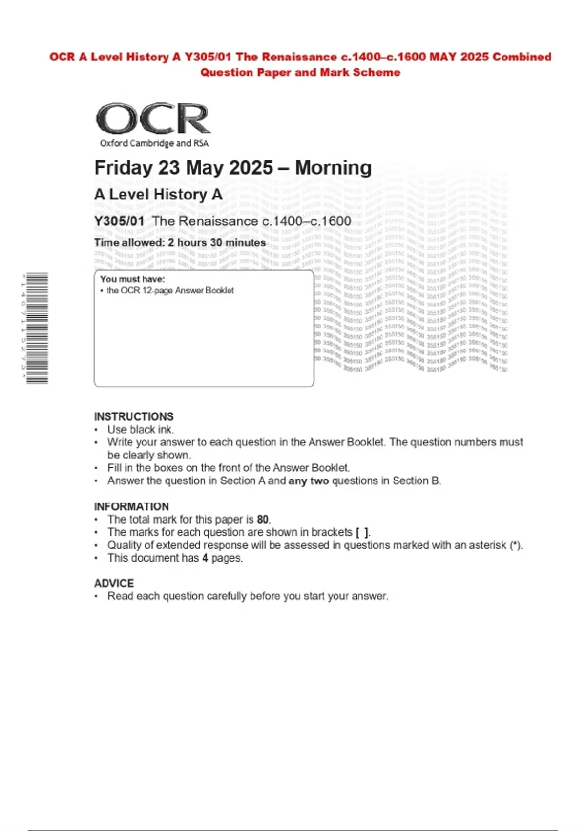 OCR A Level History A Y305/01 The Renaissance c.1400–c.1600 MAY 2025 ...