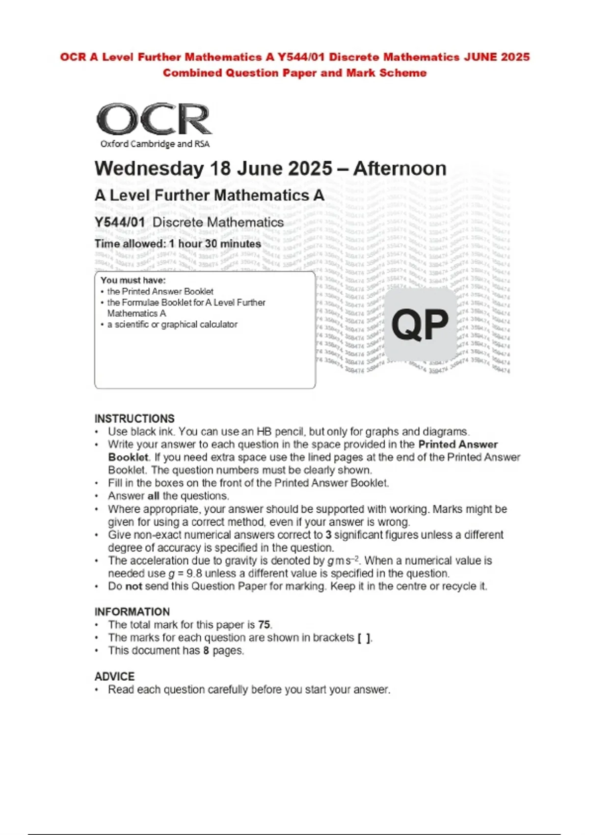 OCR A Level Further Mathematics A Y544/01 Discrete Mathematics JUNE ...