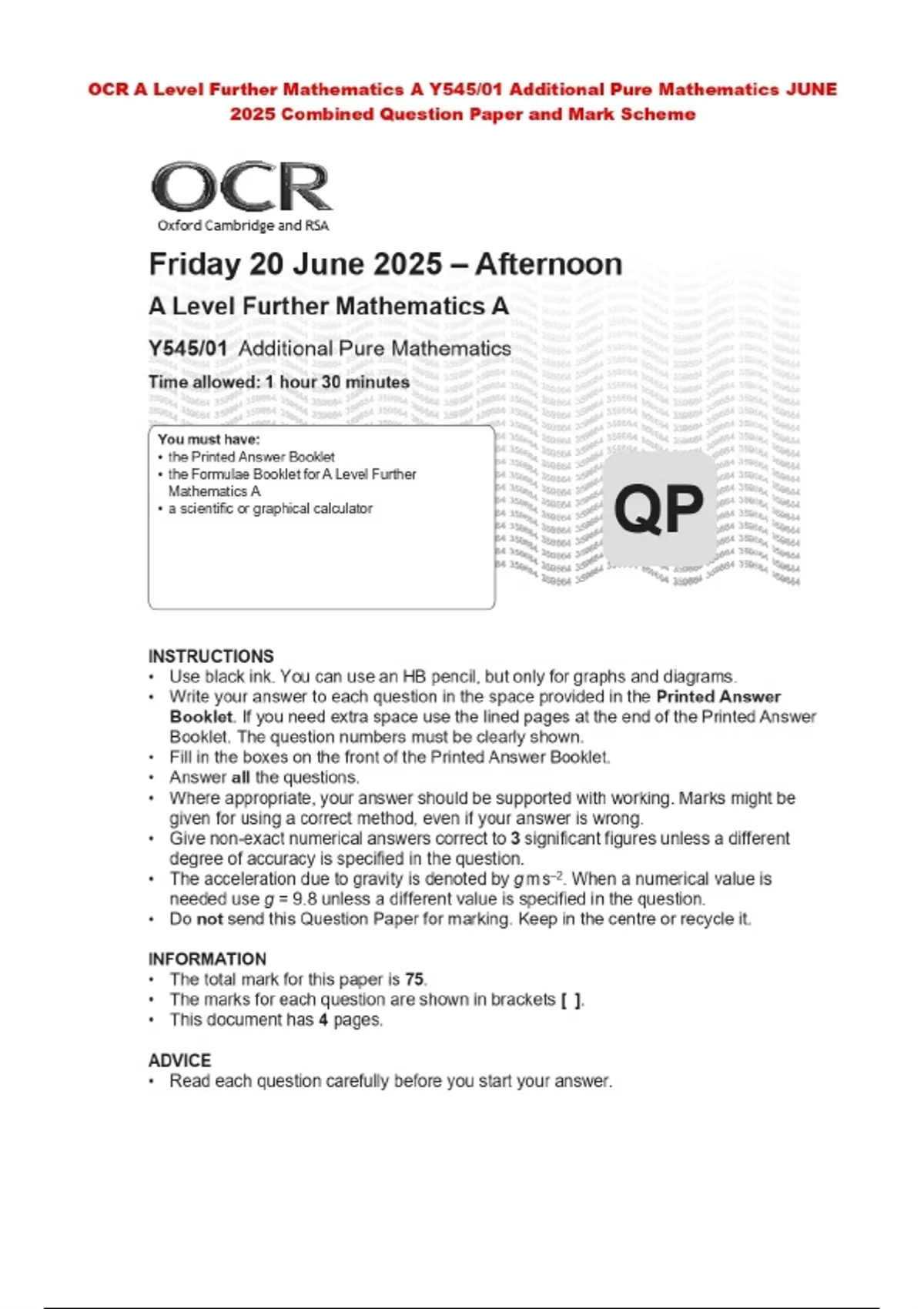 OCR A Level Further Mathematics A Y545/01 Additional Pure Mathematics ...