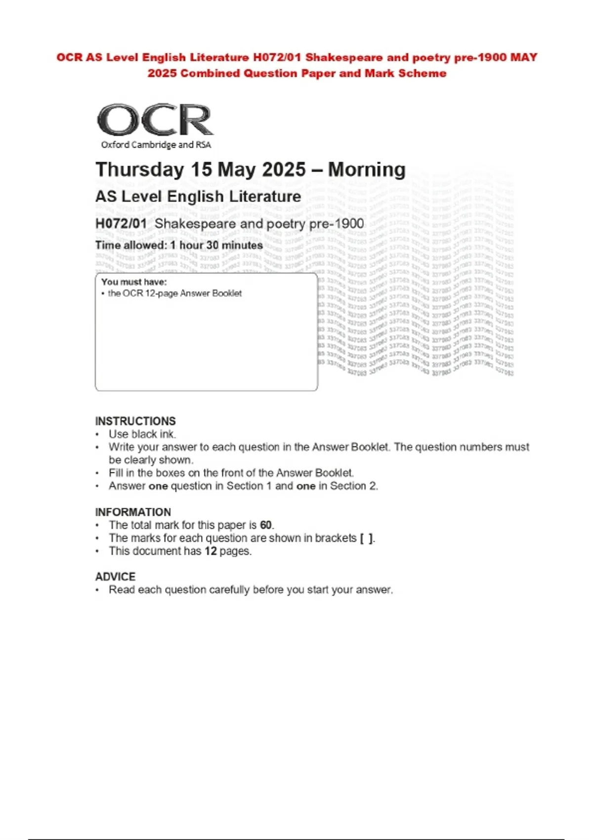 OCR AS Level English Literature H072/01 Shakespeare and poetry pre-1900 ...