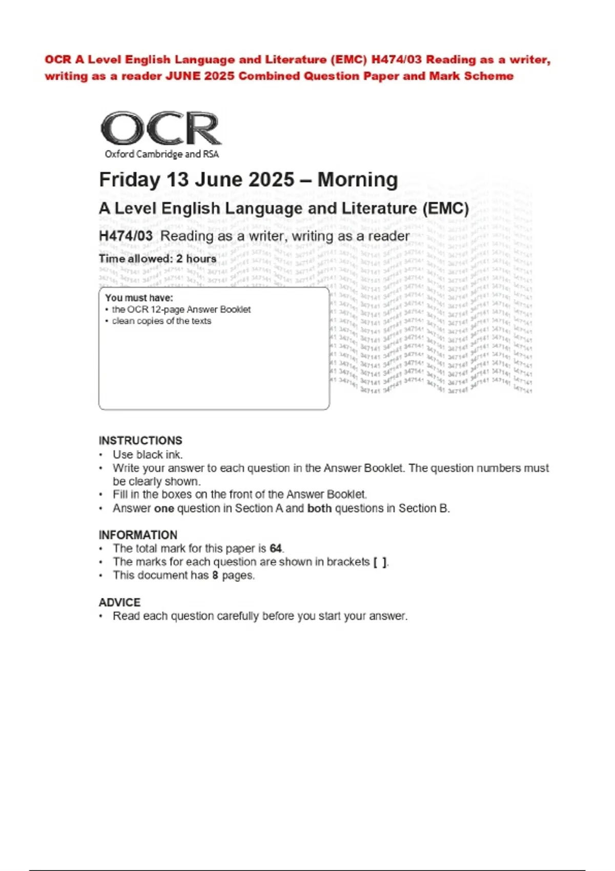 OCR A Level English Language and Literature (EMC) H474/03 Reading as a ...