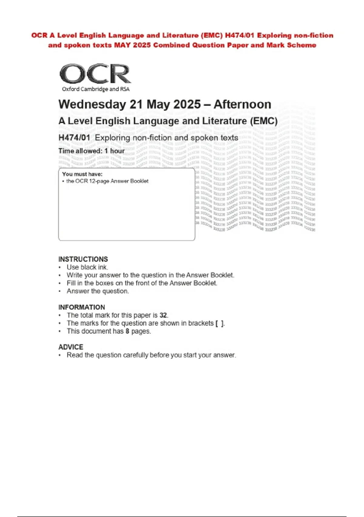 OCR A Level English Language and Literature (EMC) H474/01 Exploring non ...