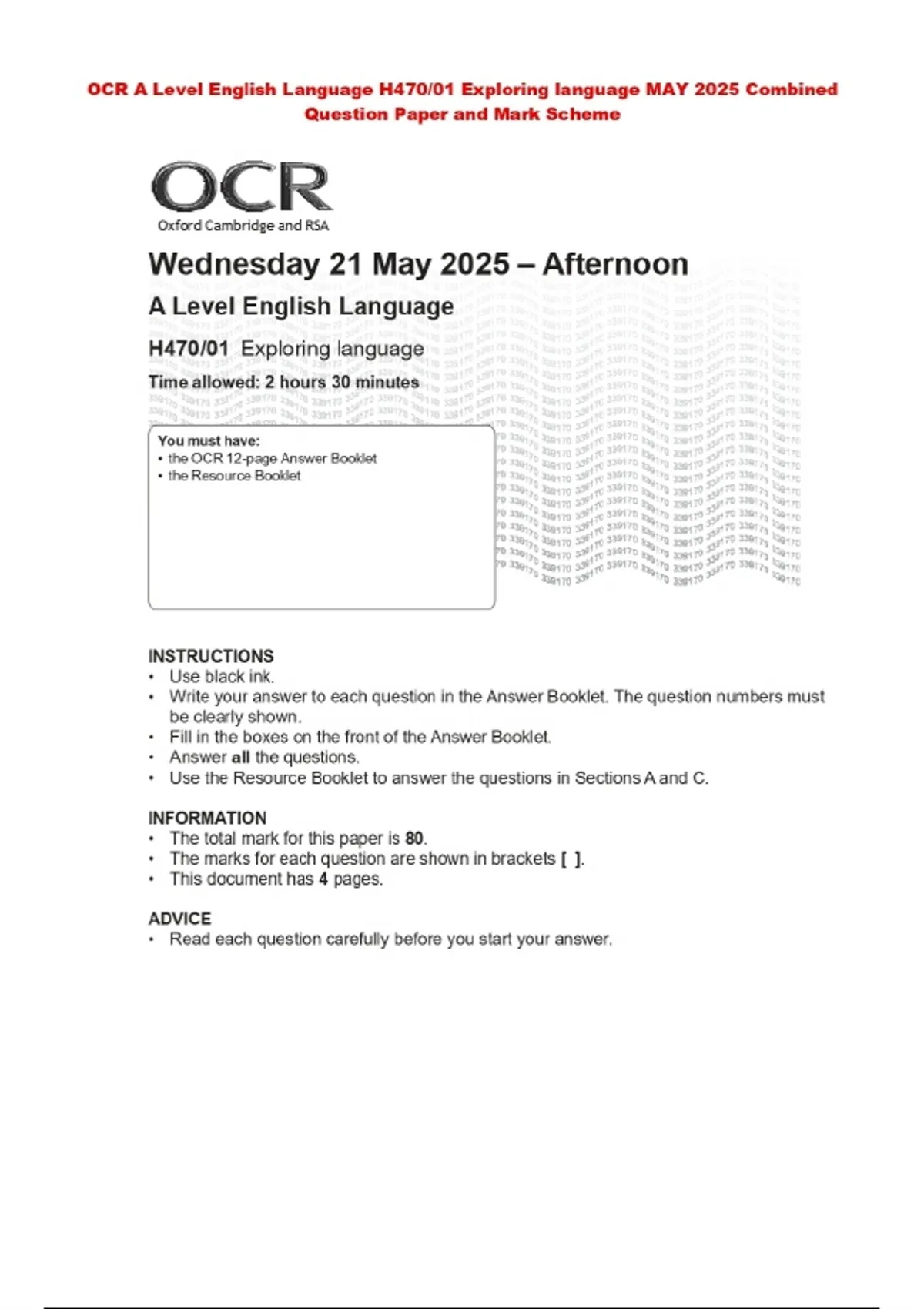 OCR A Level English Language H470/01 Exploring language MAY 2025 ...