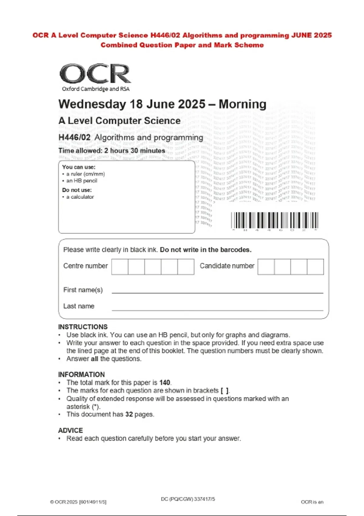 OCR A Level Computer Science H446/02 Algorithms and programming JUNE ...