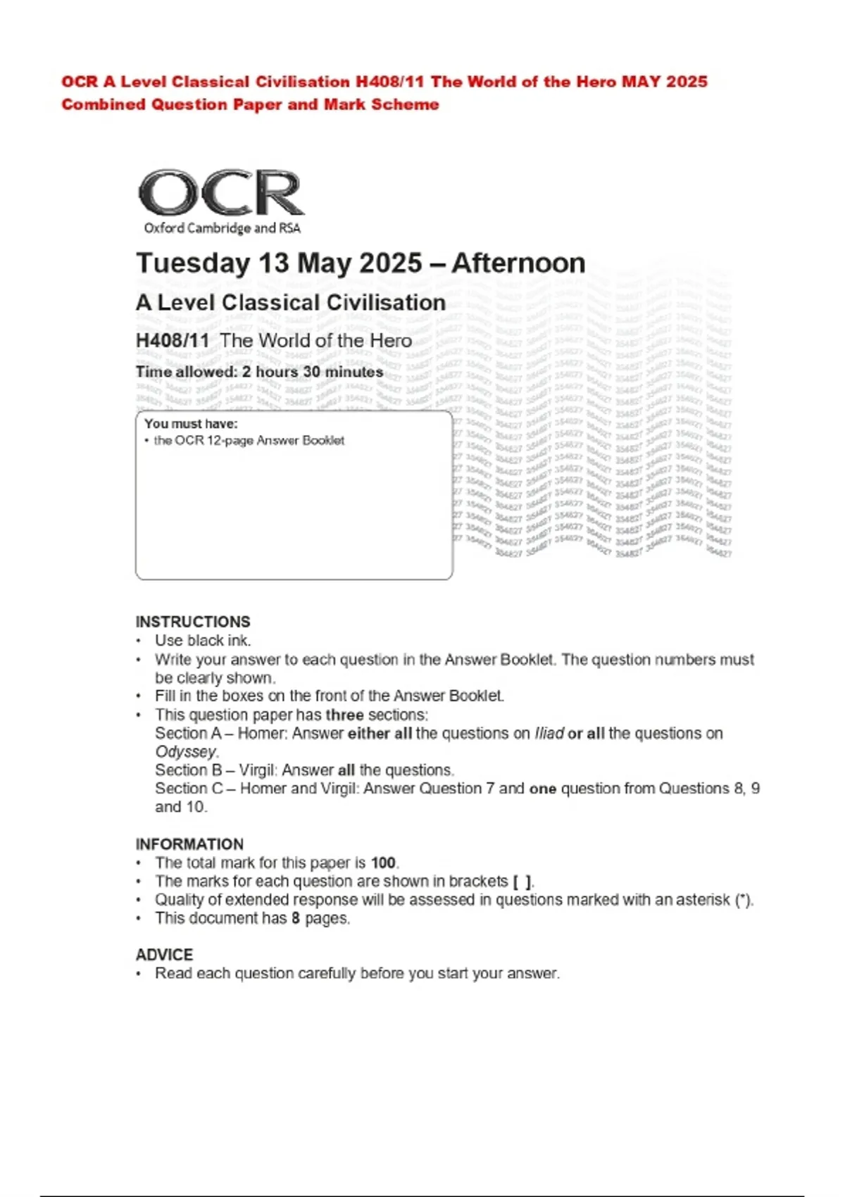 OCR A Level Classical Civilisation H408/11 The World of the Hero MAY ...