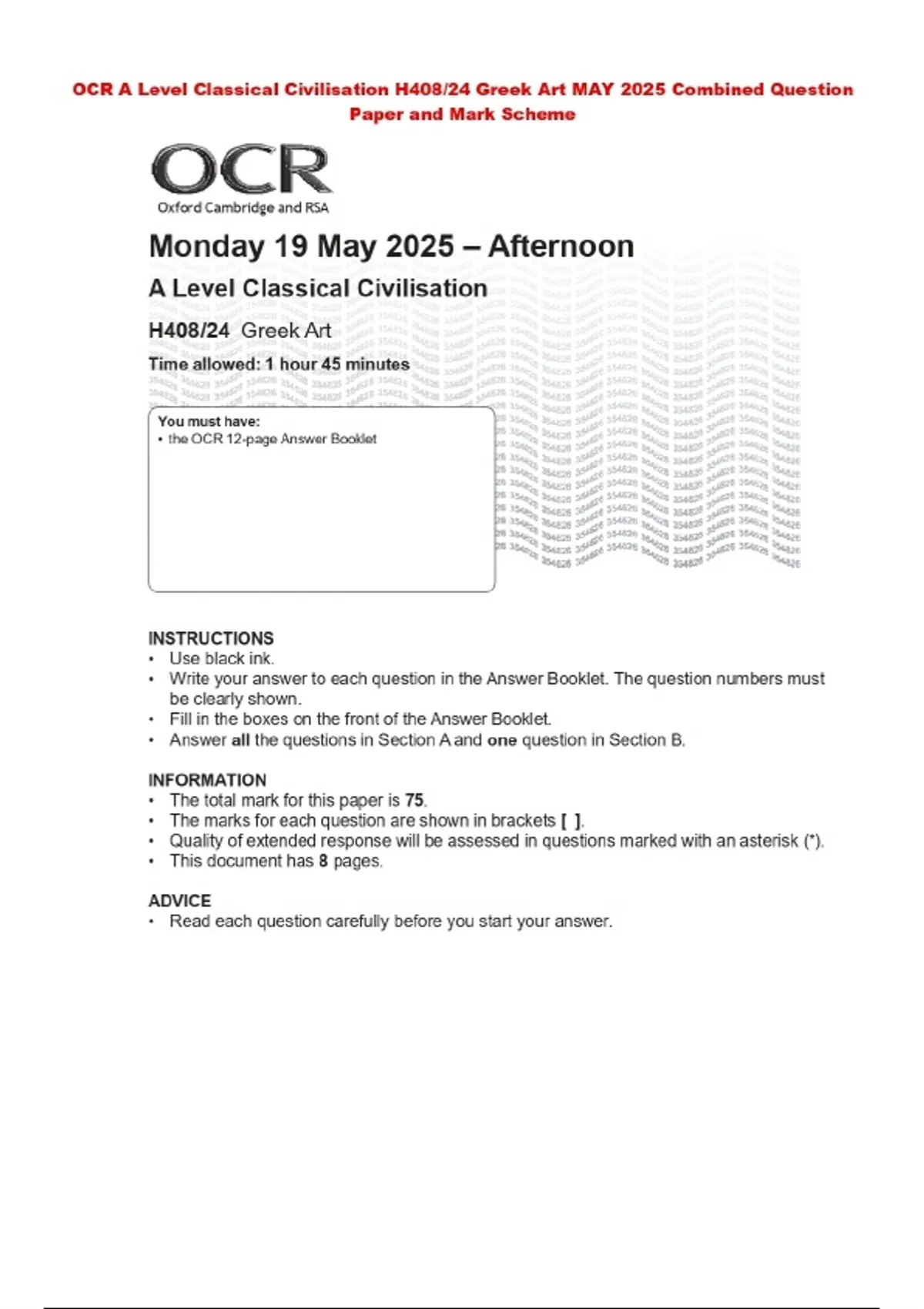 OCR A Level Classical Civilisation H408/24 Greek Art MAY 2025 Combined ...