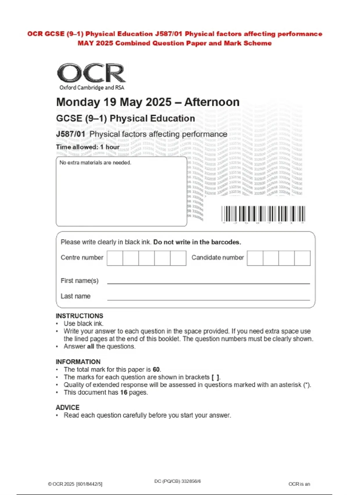 OCR GCSE (9–1) Physical Education J587/01 Physical factors affecting ...