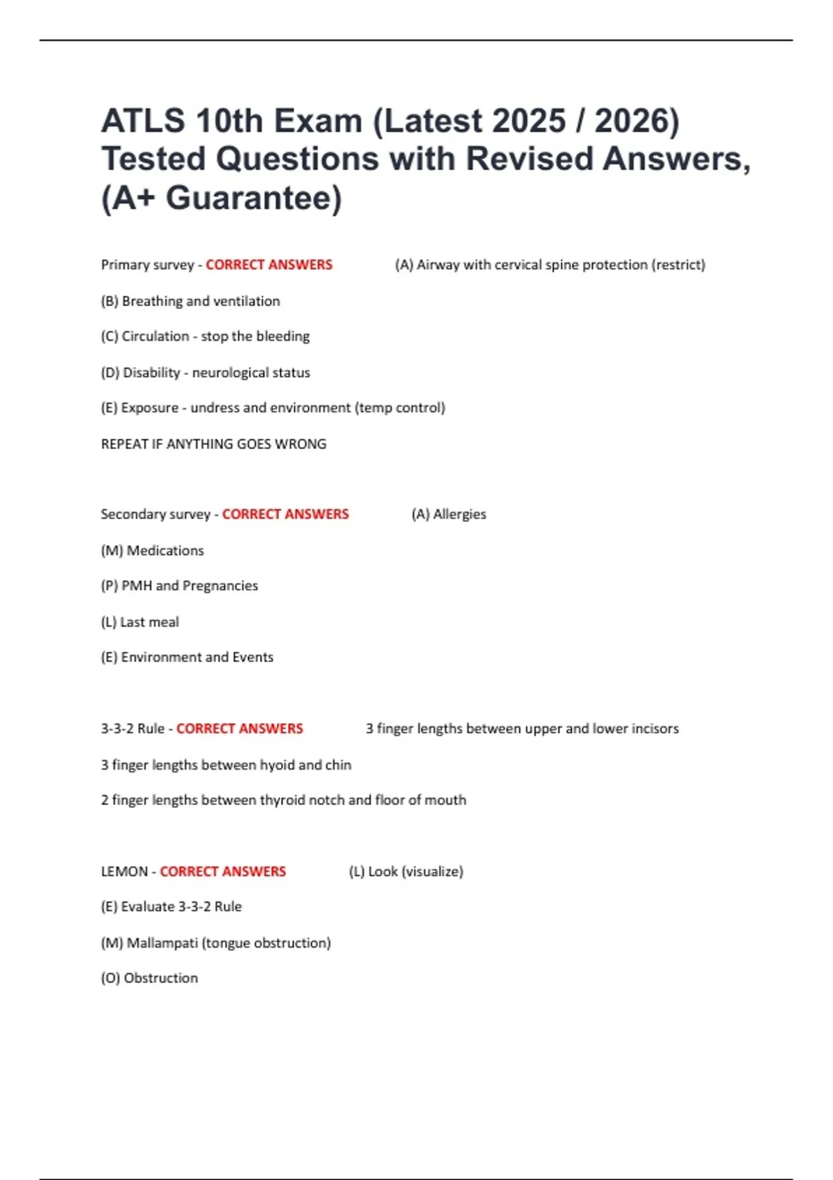 Summary ATLS 10th Exam (Latest 2025 / 2026) Tested Questions with ...
