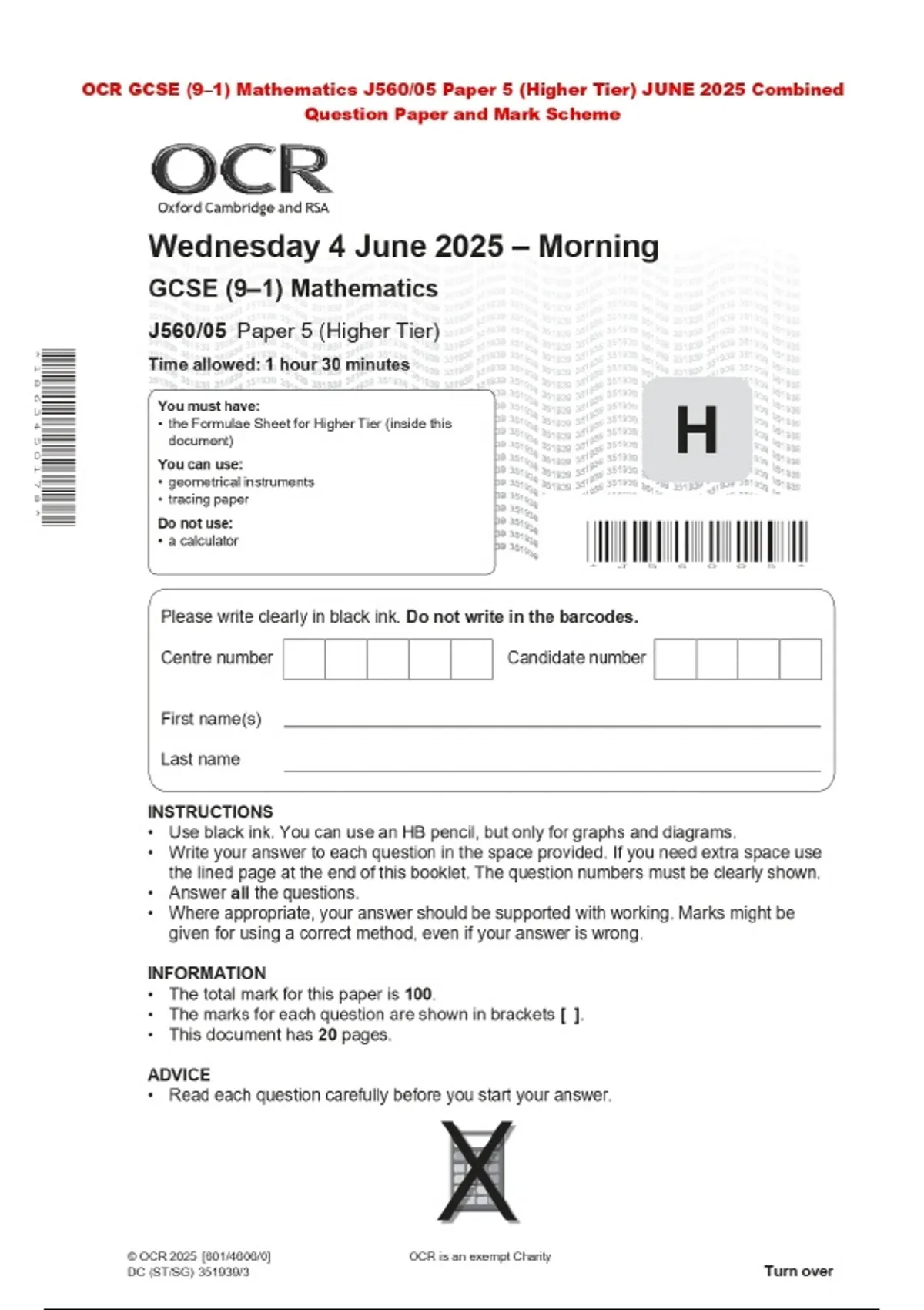 OCR GCSE (9–1) Mathematics J560/05 Paper 5 (Higher Tier) JUNE 2025 ...