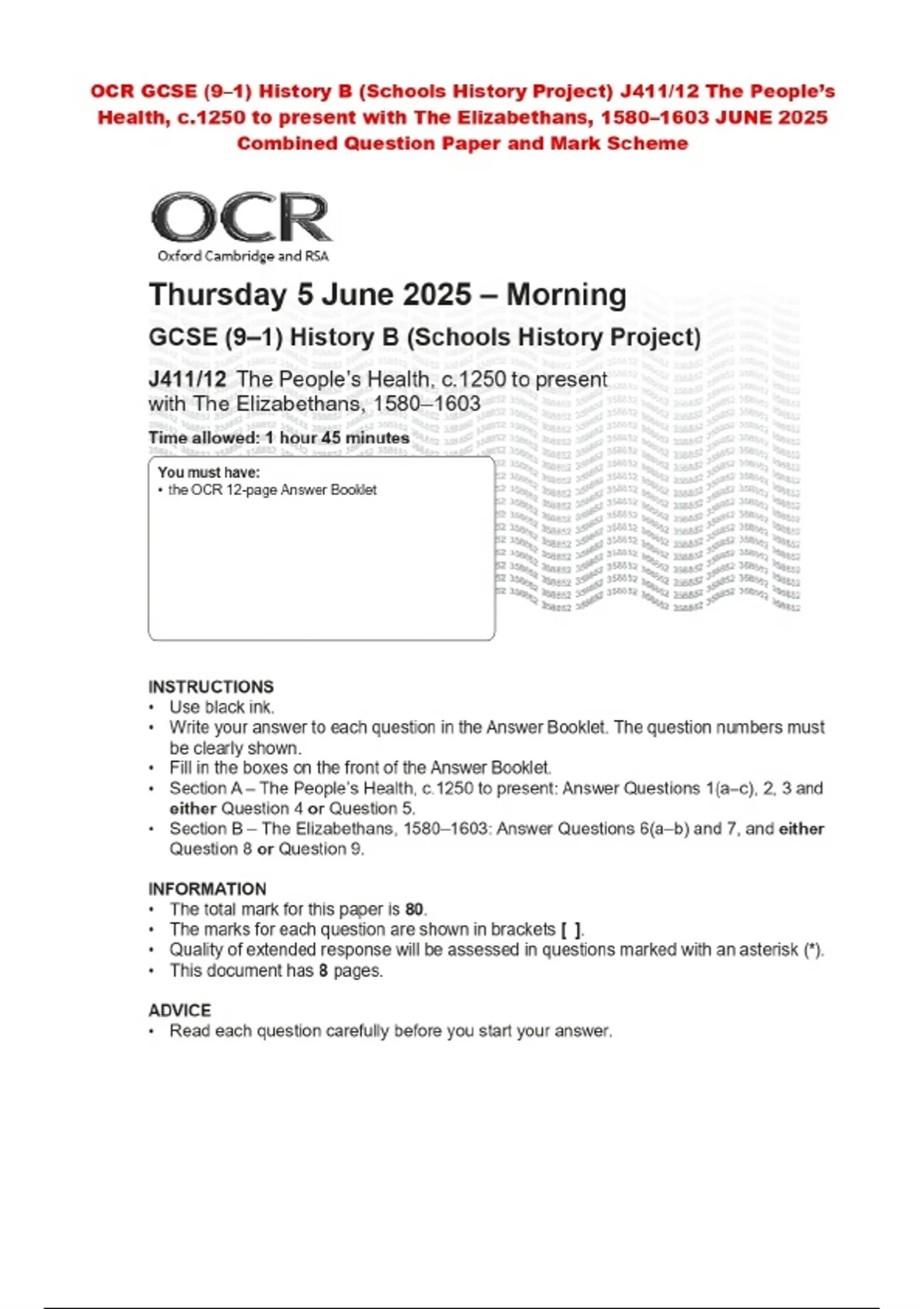 OCR GCSE (9–1) History B (Schools History Project) J411/12 The People’s ...
