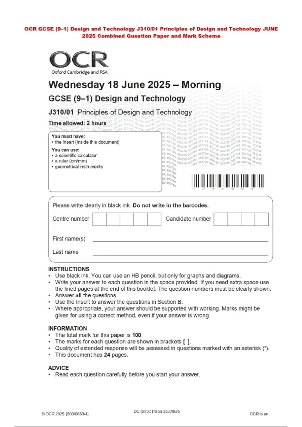 OCR GCSE (9–1) Design and Technology J310/01 Principles of Design and ...