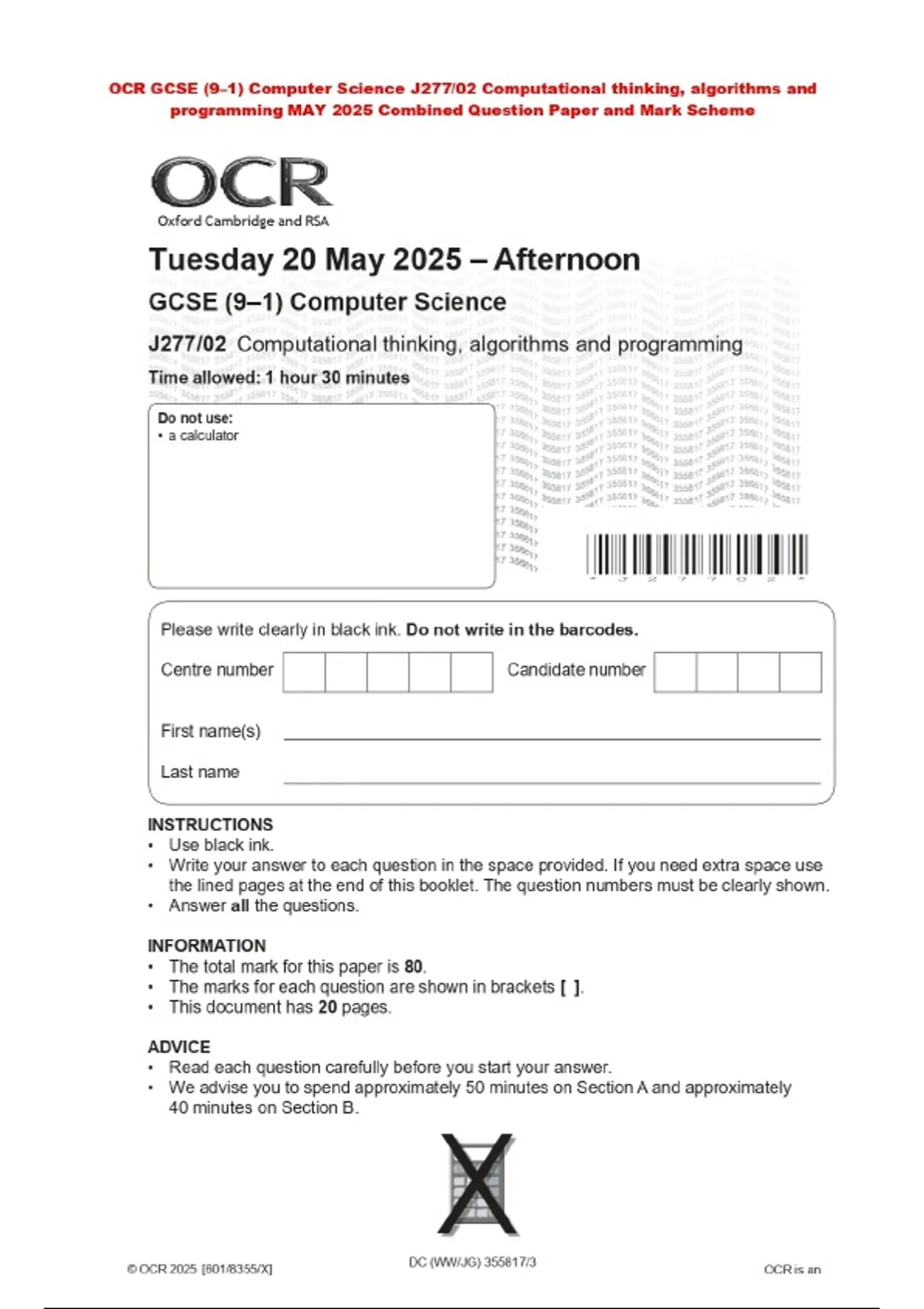 OCR GCSE (9–1) Computer Science J277/02 Computational thinking, algorithms and programming MAY ...
