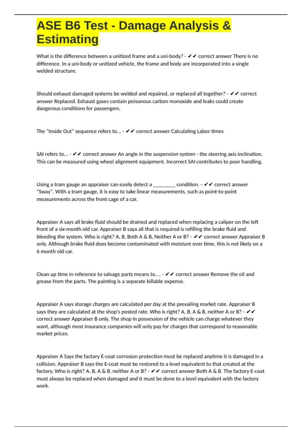 ASE B6 Test - Damage Analysis & Estimating exam questions and 100% ...