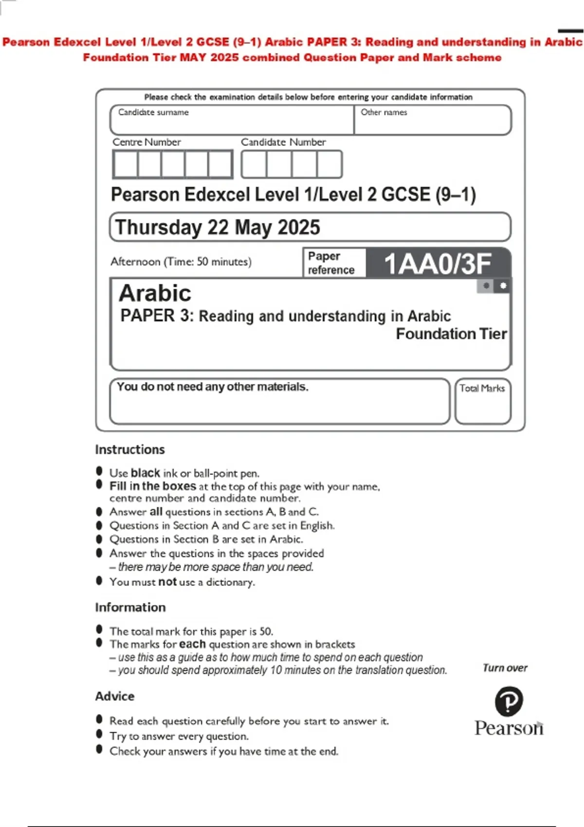 Pearson Edexcel Level 1/Level 2 GCSE (9–1) Arabic PAPER 3: Reading and ...