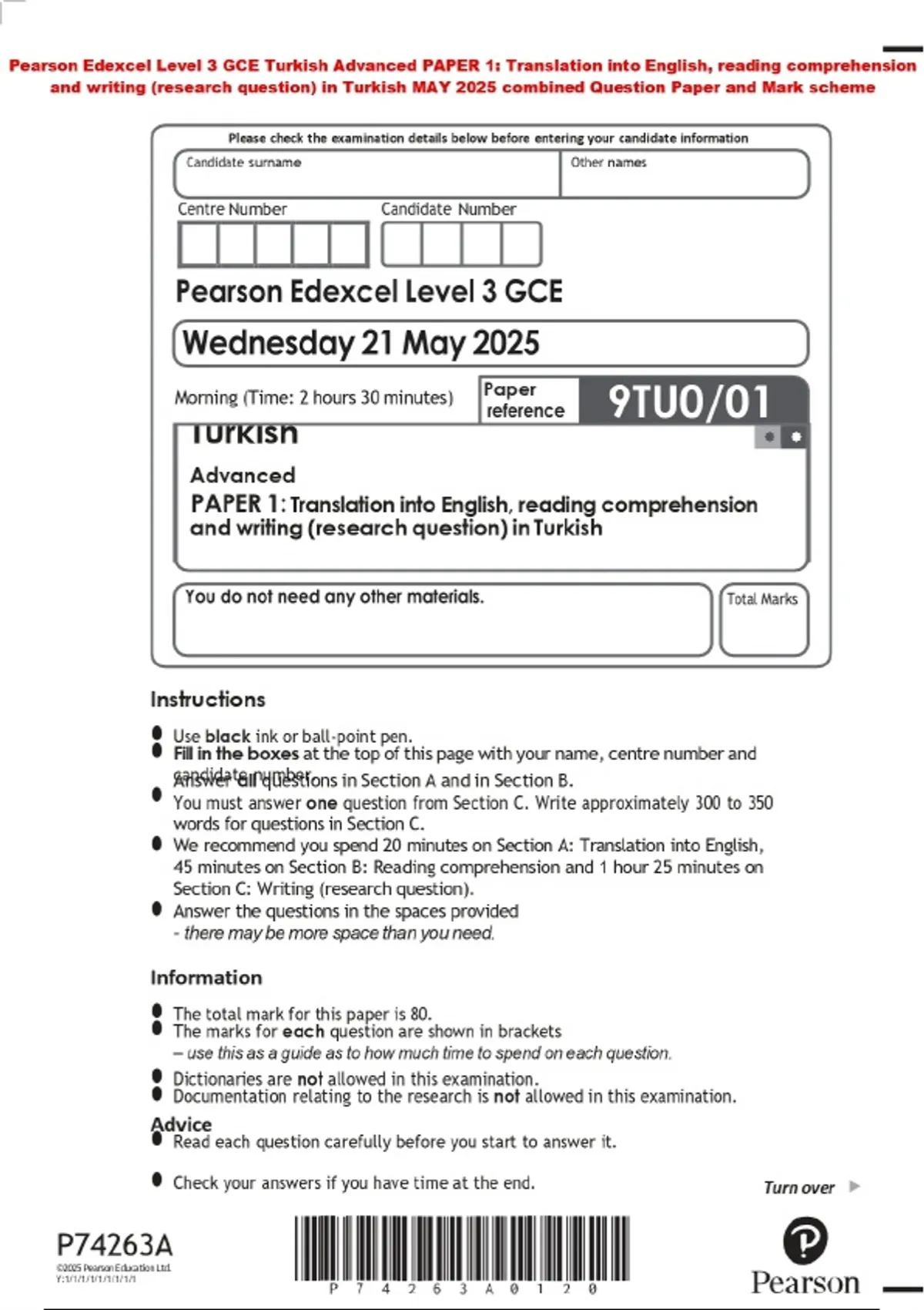 Pearson Edexcel Level 3 GCE Turkish Advanced PAPER 1: Translation into ...