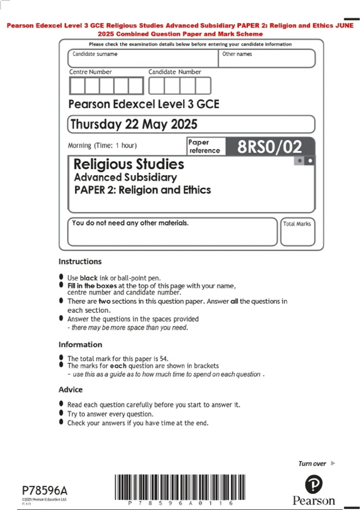 Pearson Edexcel Level 3 GCE Religious Studies Advanced Subsidiary PAPER ...