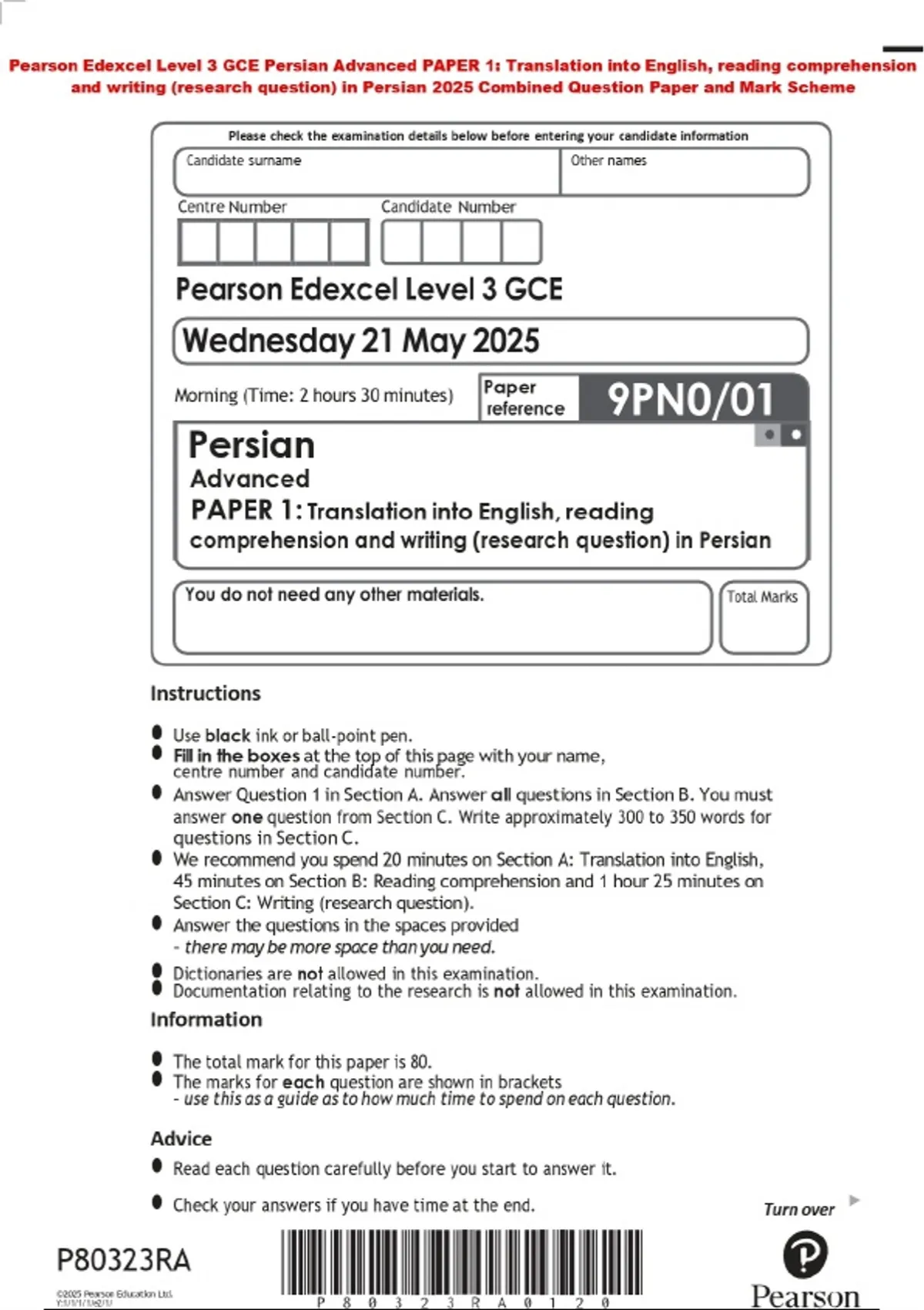 Pearson Edexcel Level 3 GCE Persian Advanced PAPER 1: Translation into ...