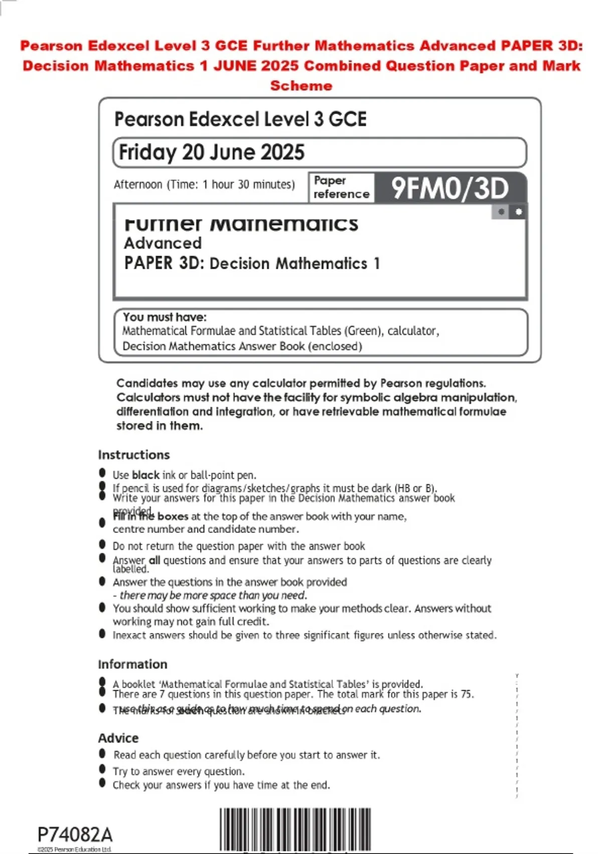 Pearson Edexcel Level 3 GCE Further Mathematics Advanced PAPER 3D ...