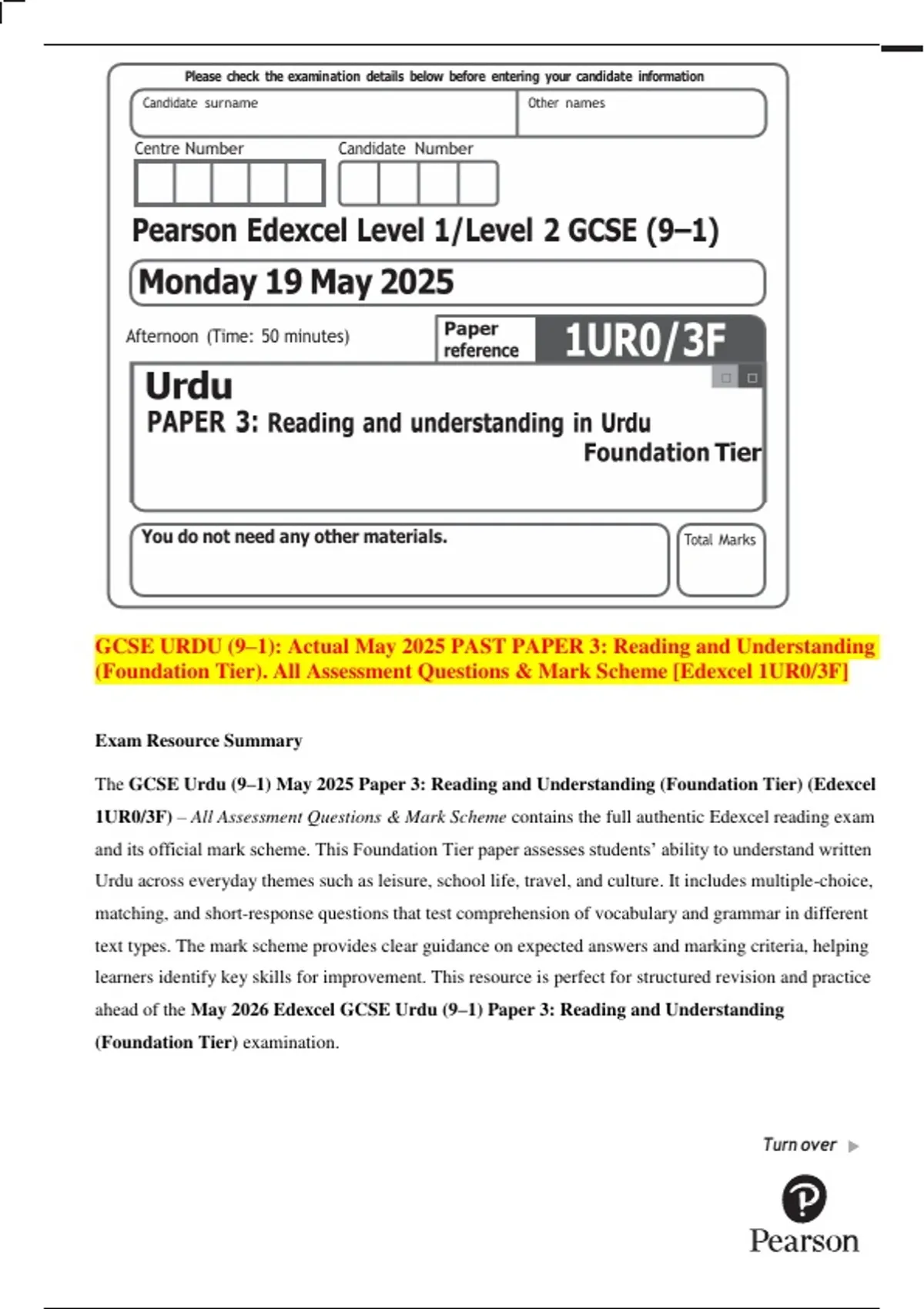 GCSE URDU (9–1): Actual May 2025 PAST PAPER 3: Reading and ...