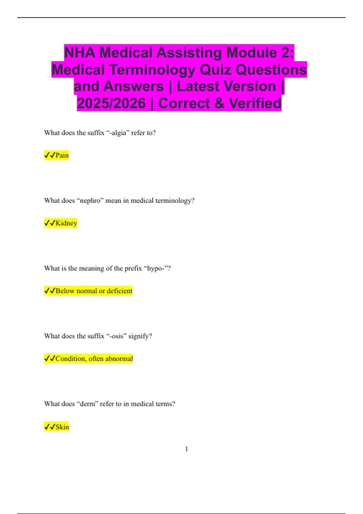 NHA Medical Assisting Module 2: Medical Terminology Quiz Questions and ...