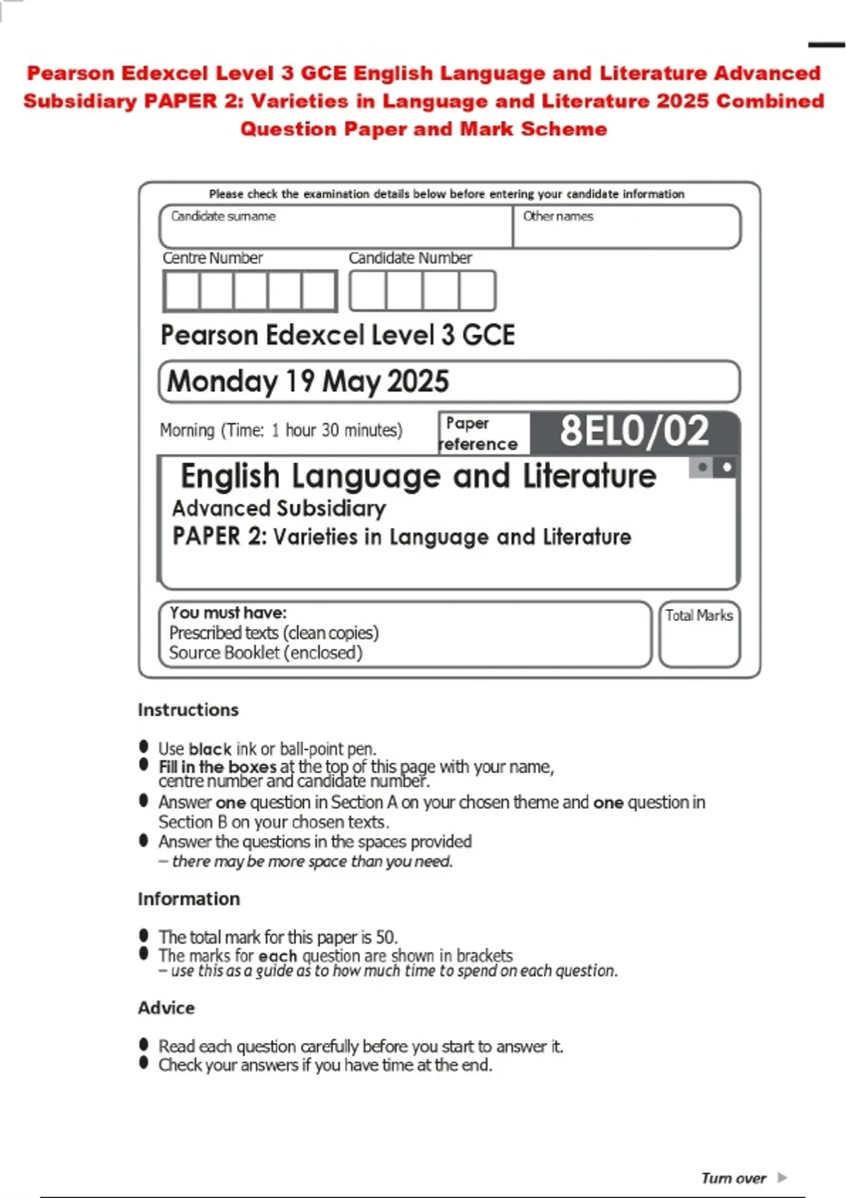 Pearson Edexcel Level 3 GCE English Language and Literature Advanced ...
