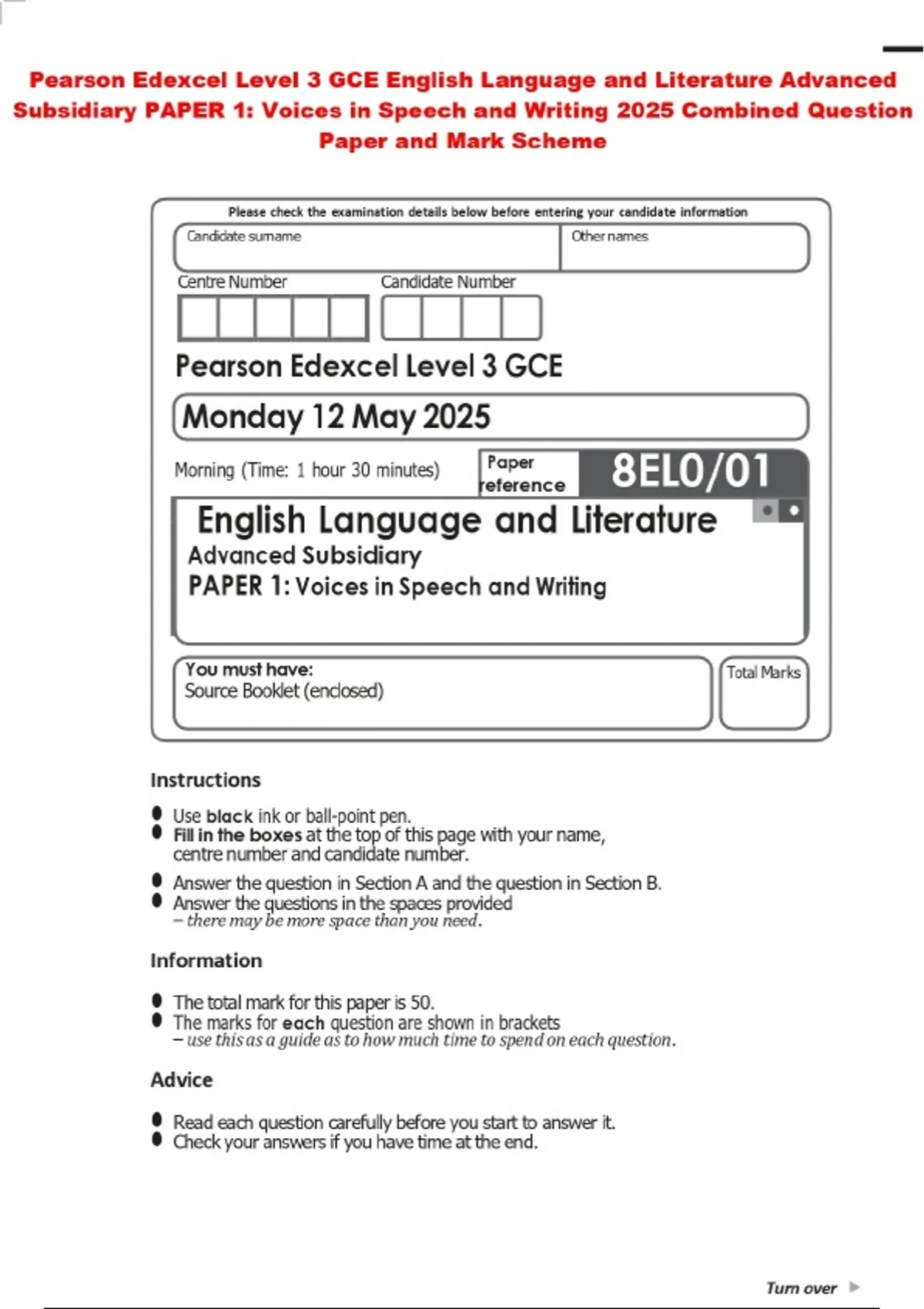 Pearson Edexcel Level 3 GCE English Language and Literature Advanced ...