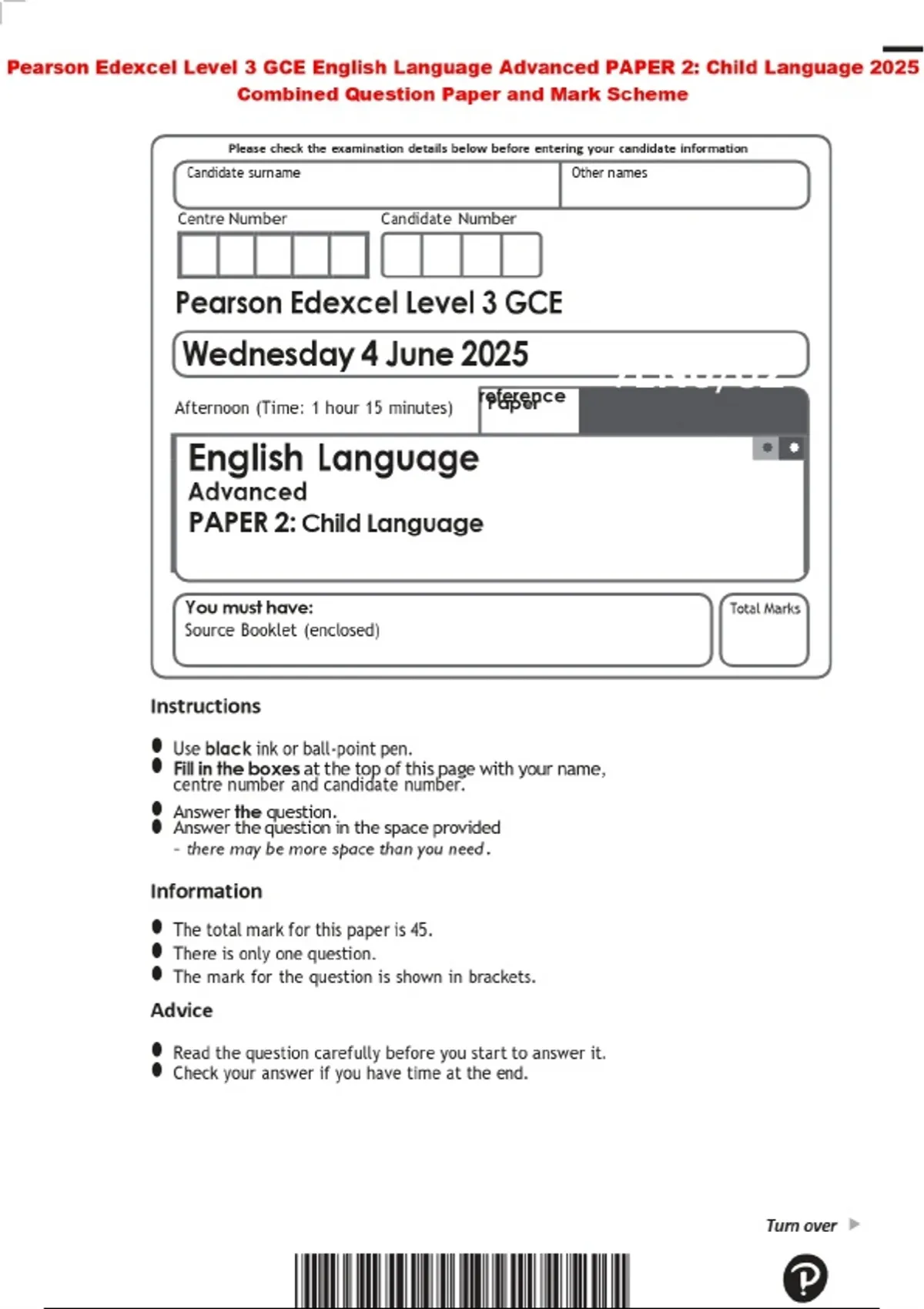 Pearson Edexcel Level 3 GCE English Language Advanced PAPER 2: Child ...