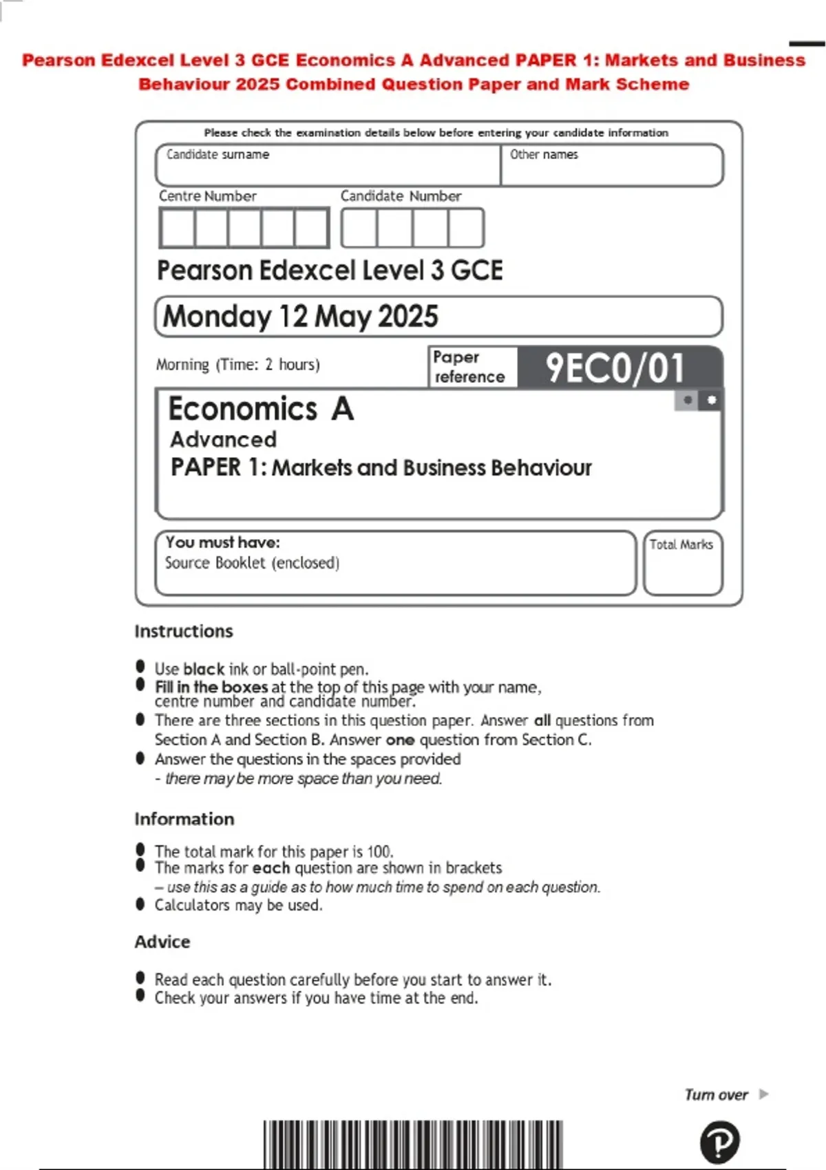 Pearson Edexcel Level 3 GCE Economics A Advanced PAPER 1: Markets and ...