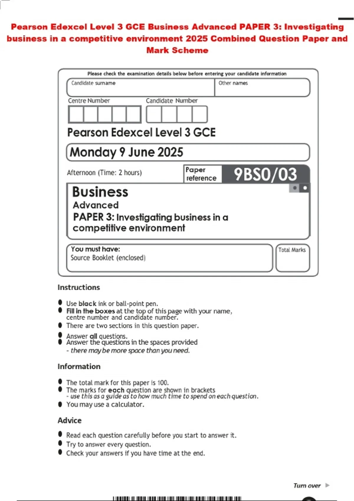 Pearson Edexcel Level 3 GCE Business Advanced PAPER 3: Investigating business in a competitive ...