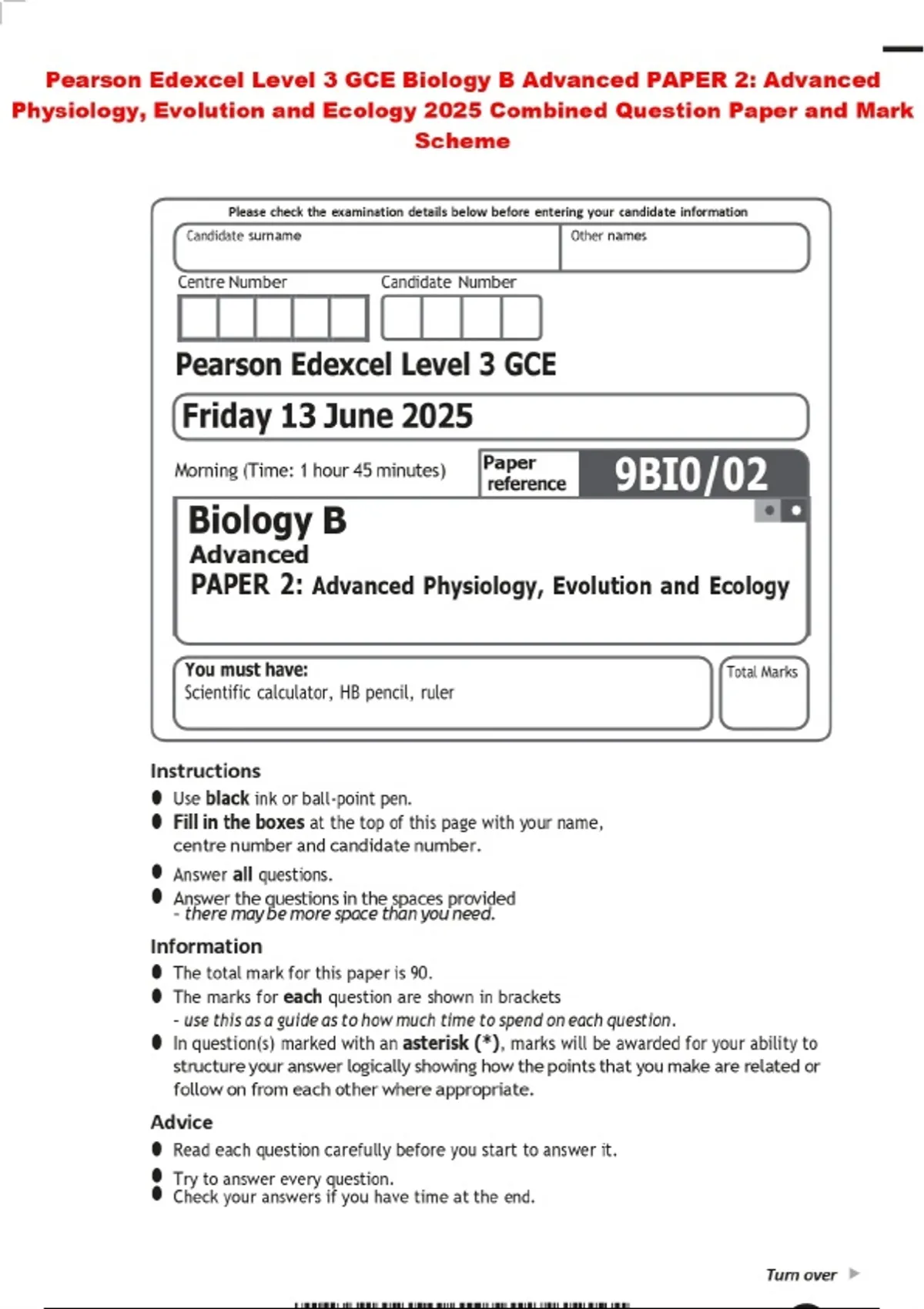 Pearson Edexcel Level 3 GCE Biology B Advanced PAPER 2: Advanced ...