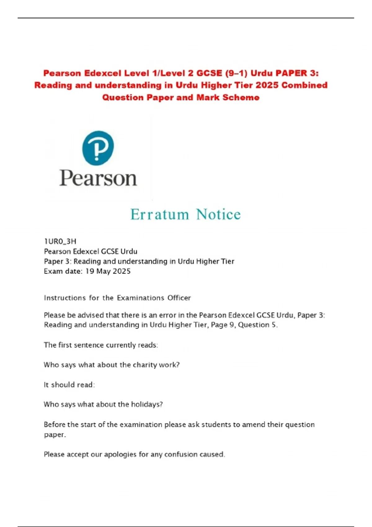 Pearson Edexcel Level 1/Level 2 GCSE (9–1) Urdu PAPER 3: Reading and ...