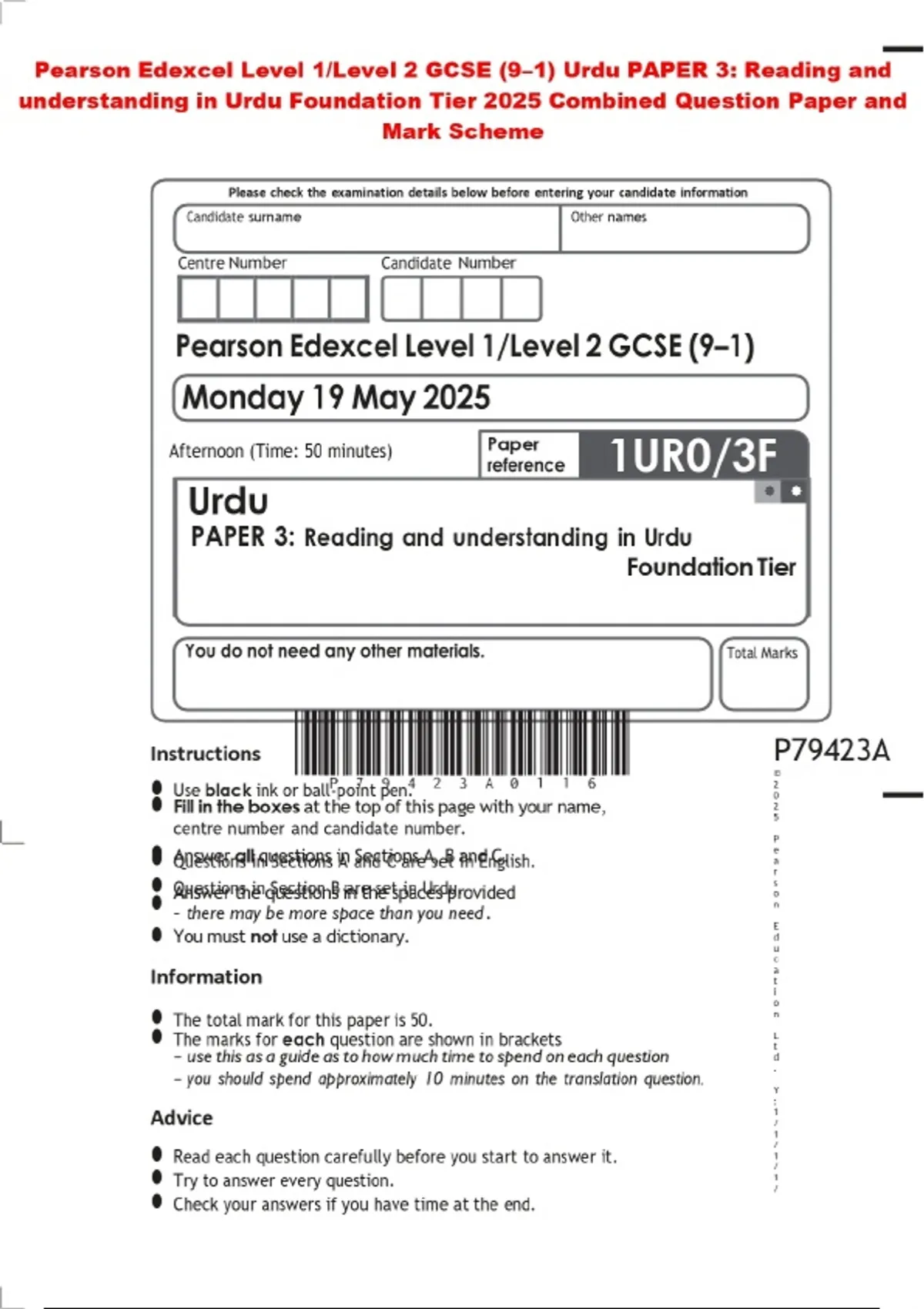 Pearson Edexcel Level 1/Level 2 GCSE (9–1) Urdu PAPER 3: Reading and ...