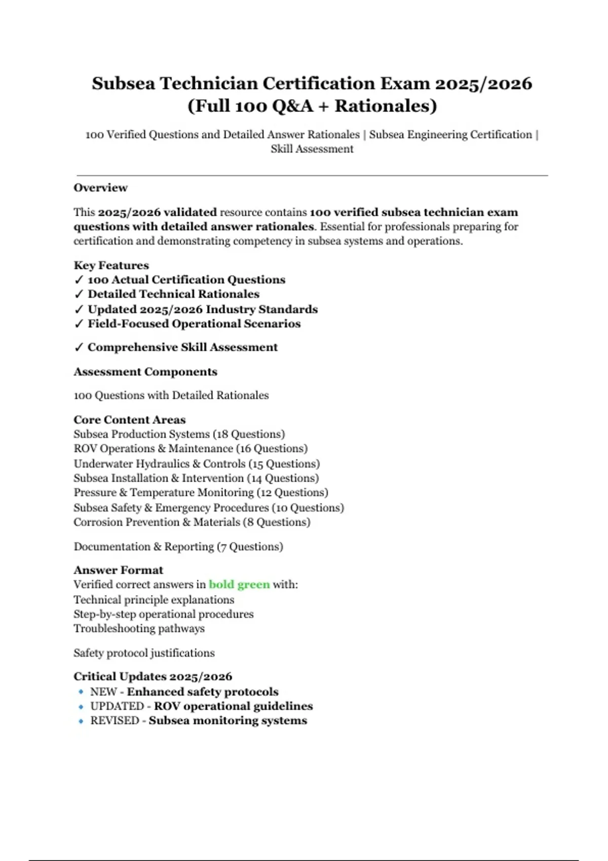 Subsea Technician Certification Exam 2025/2026 | 100 Verified Questions & Detailed Answer ...