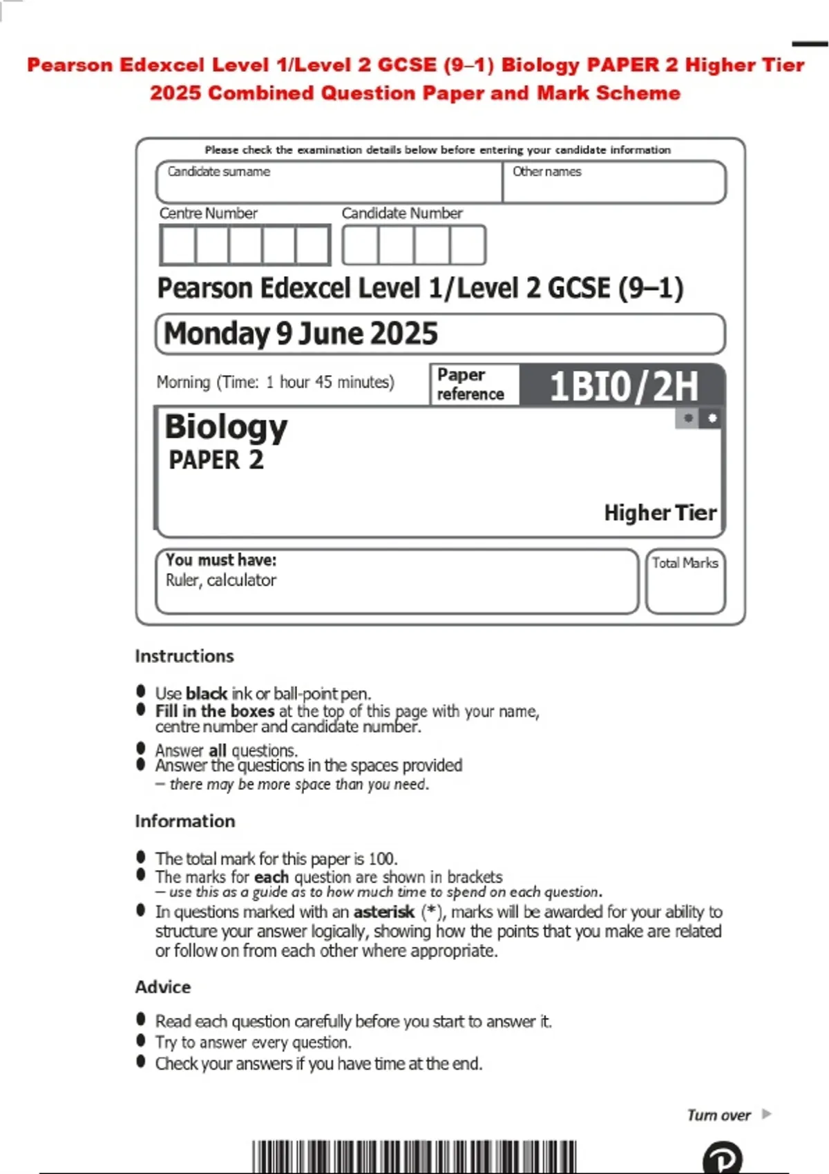 Pearson Edexcel Level 1/Level 2 GCSE (9–1) Biology PAPER 2 Higher Tier ...