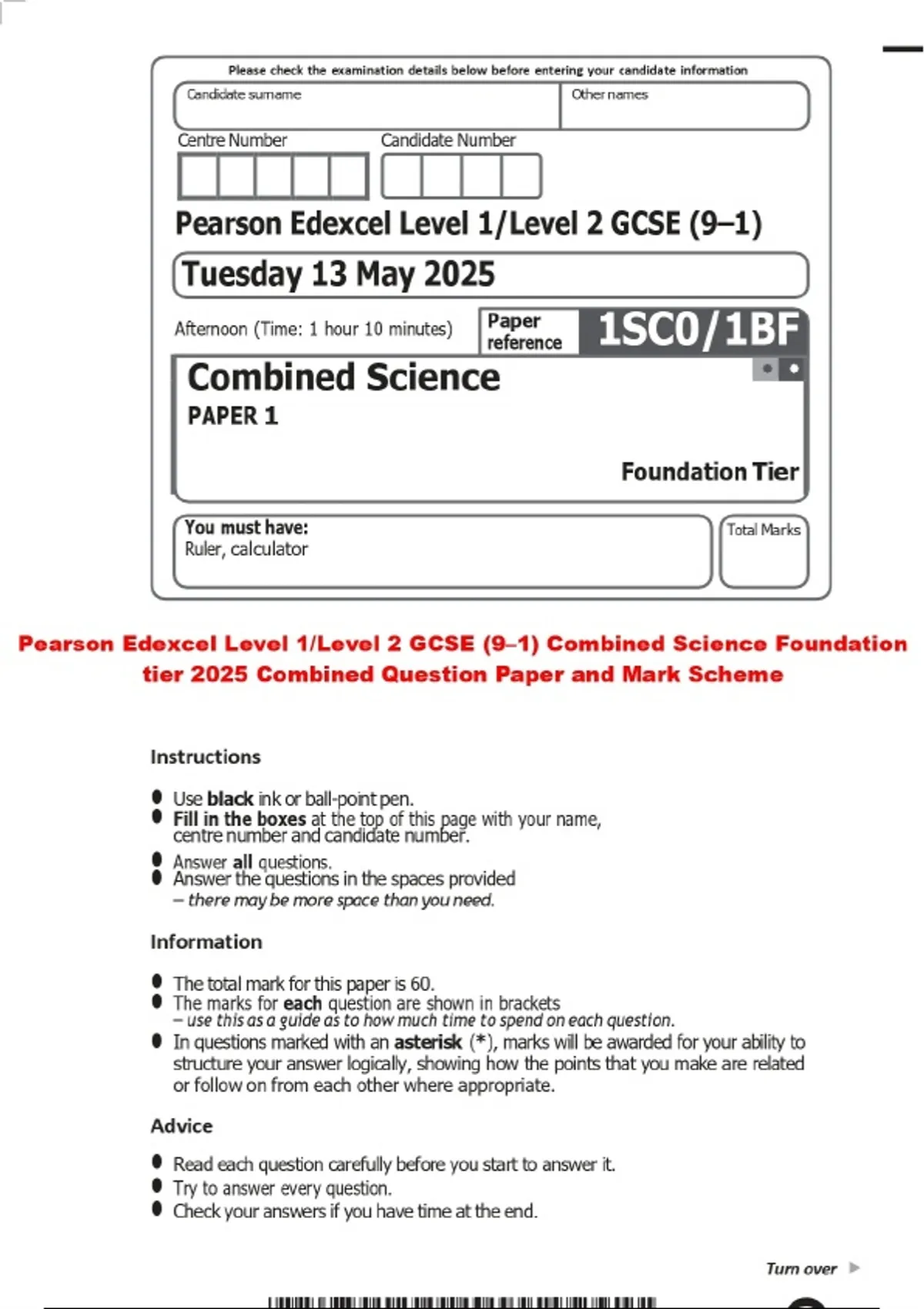 Pearson Edexcel Level 1/Level 2 GCSE (9–1) Combined Science Foundation ...