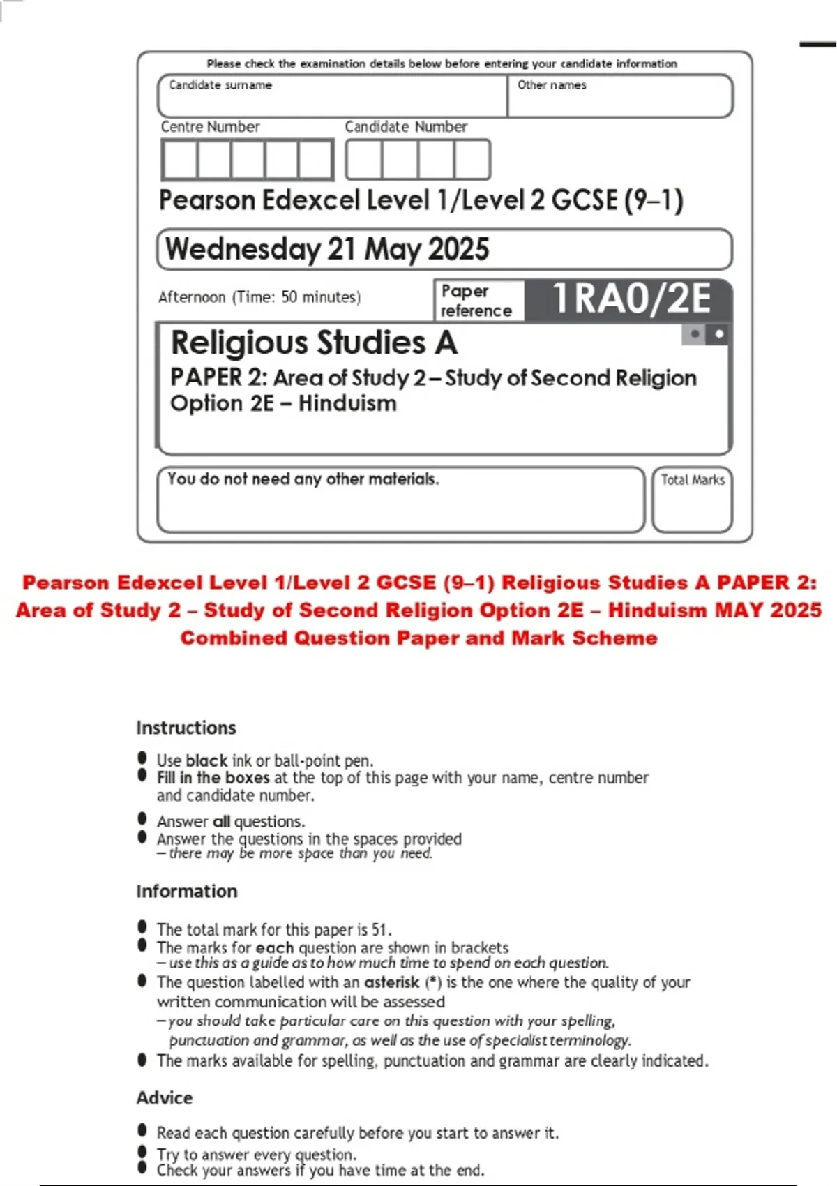 Pearson Edexcel Level 1/Level 2 GCSE (9–1) Religious Studies A PAPER 2 ...