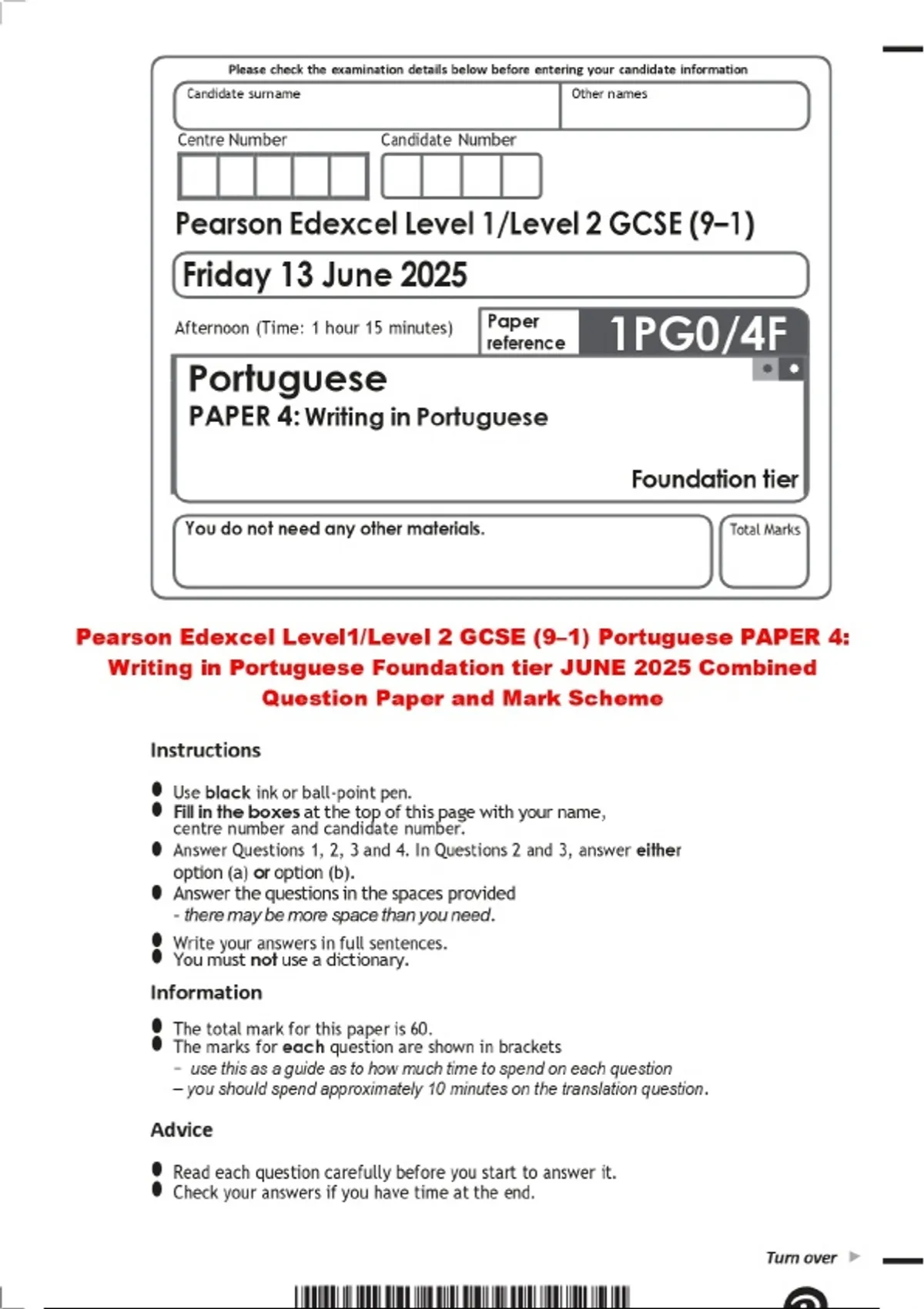 Pearson Edexcel Level1/Level 2 GCSE (9–1) Portuguese PAPER 4: Writing ...