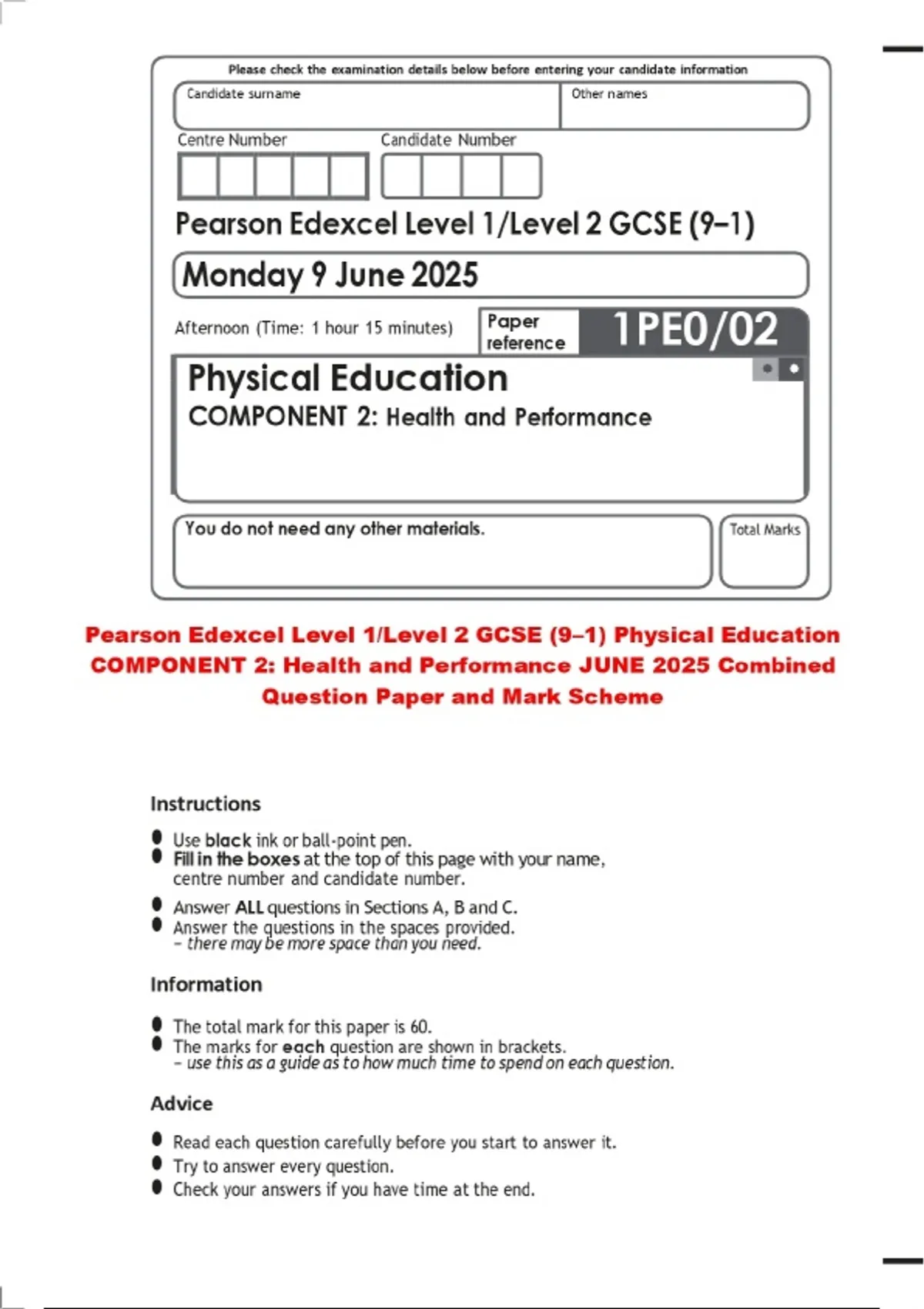 Pearson Edexcel Level 1/Level 2 GCSE (9–1) Physical Education COMPONENT ...