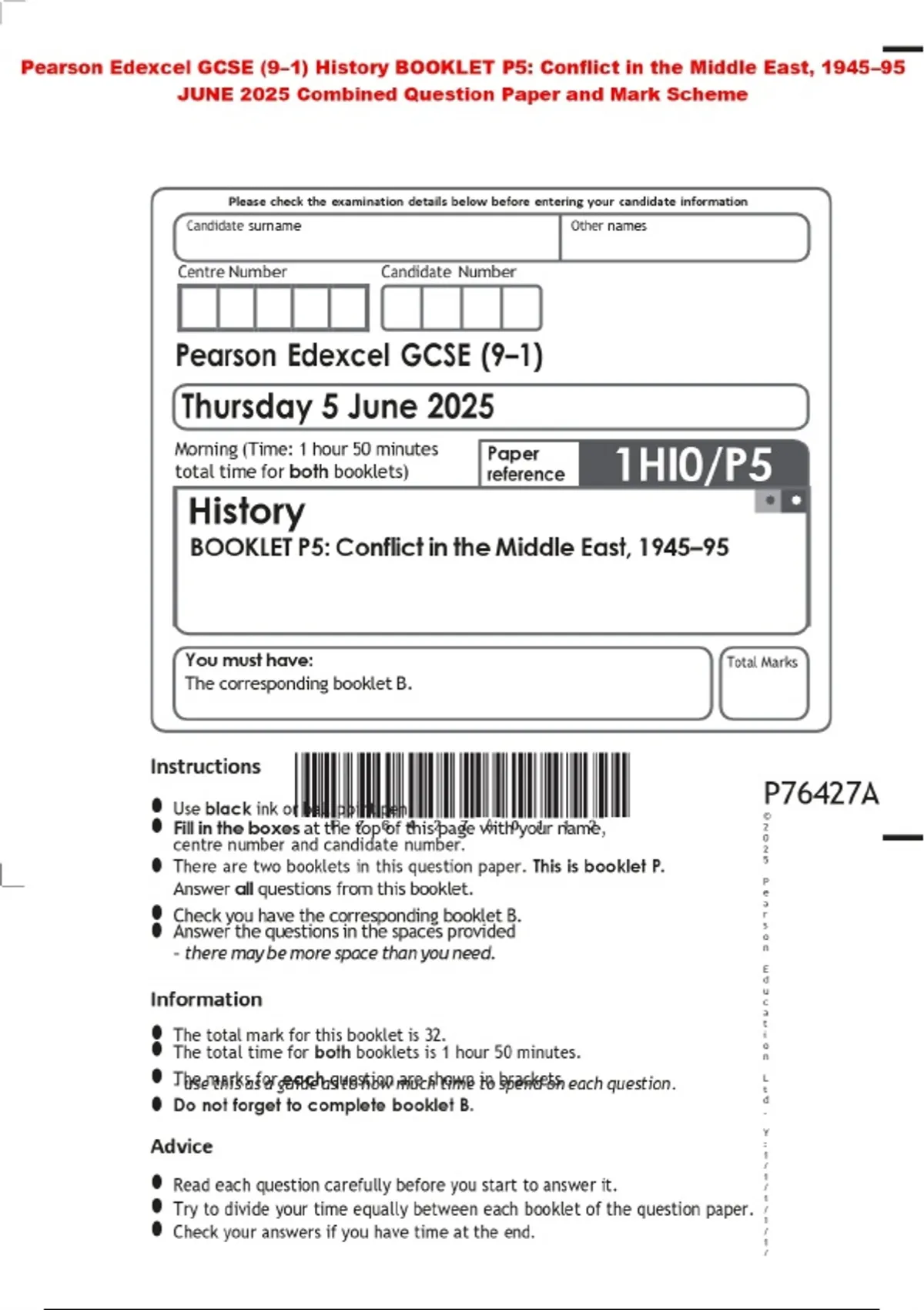 Pearson Edexcel GCSE (9–1) History BOOKLET P5: Conflict in the Middle ...