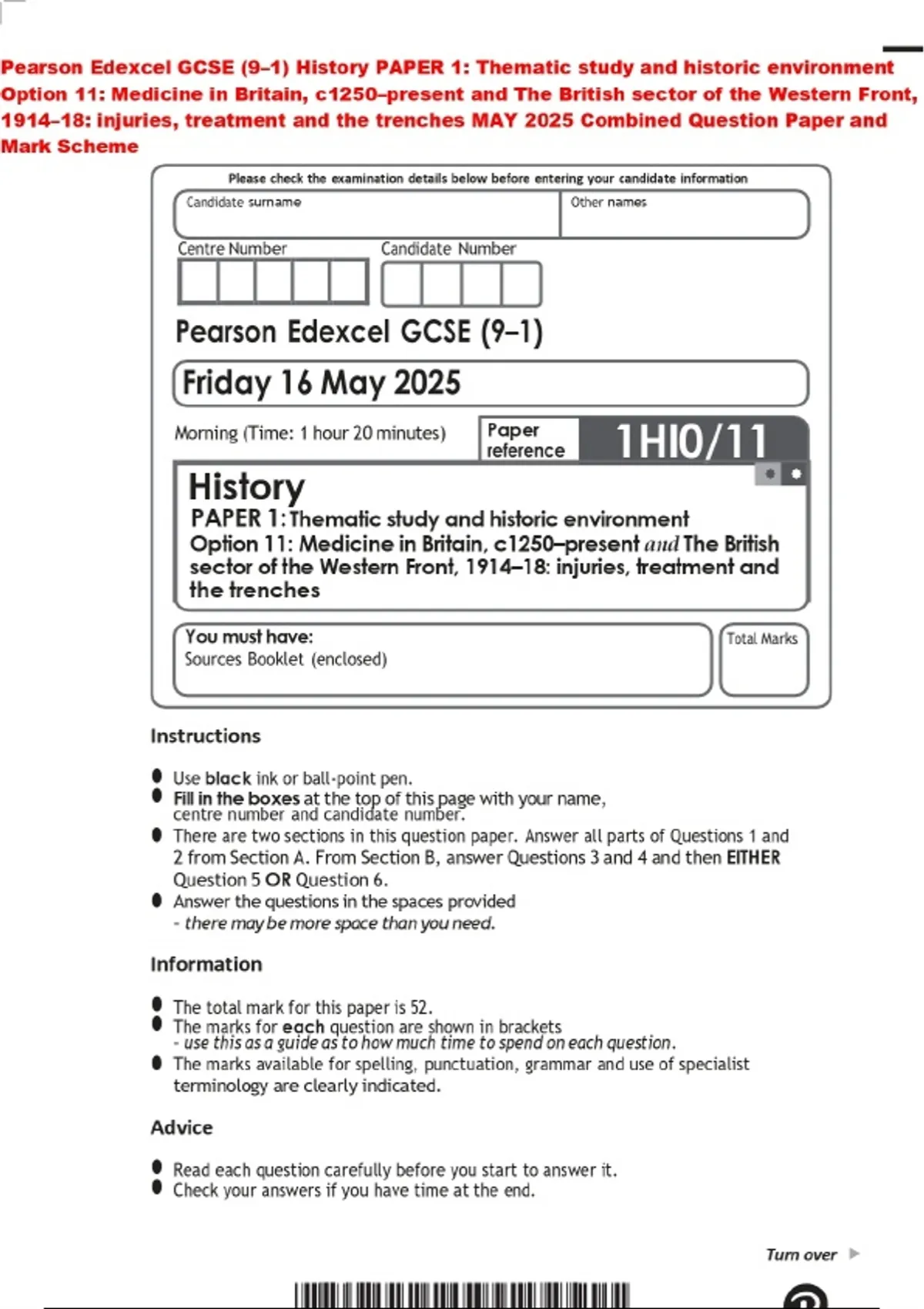 Pearson Edexcel GCSE (9–1) History PAPER 1: Thematic study and historic ...
