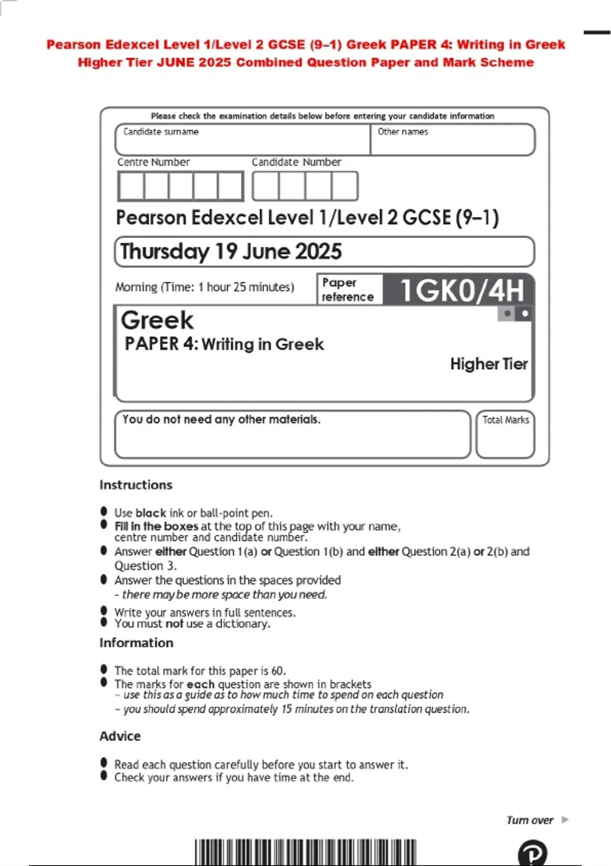 Pearson Edexcel Level 1/Level 2 GCSE (9–1) Greek PAPER 4: Writing in ...