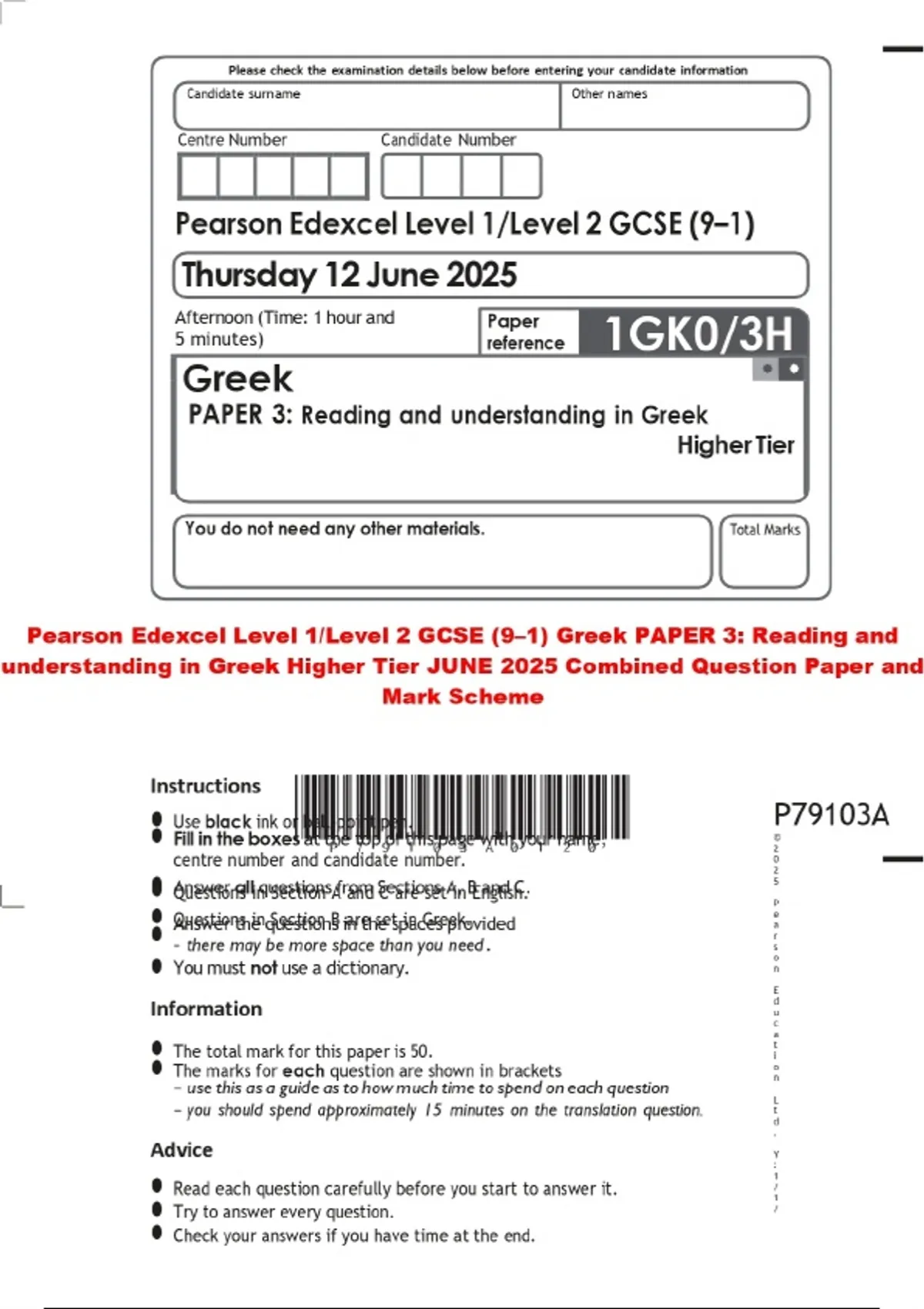 Pearson Edexcel Level 1/Level 2 GCSE (9–1) Greek PAPER 3: Reading and ...
