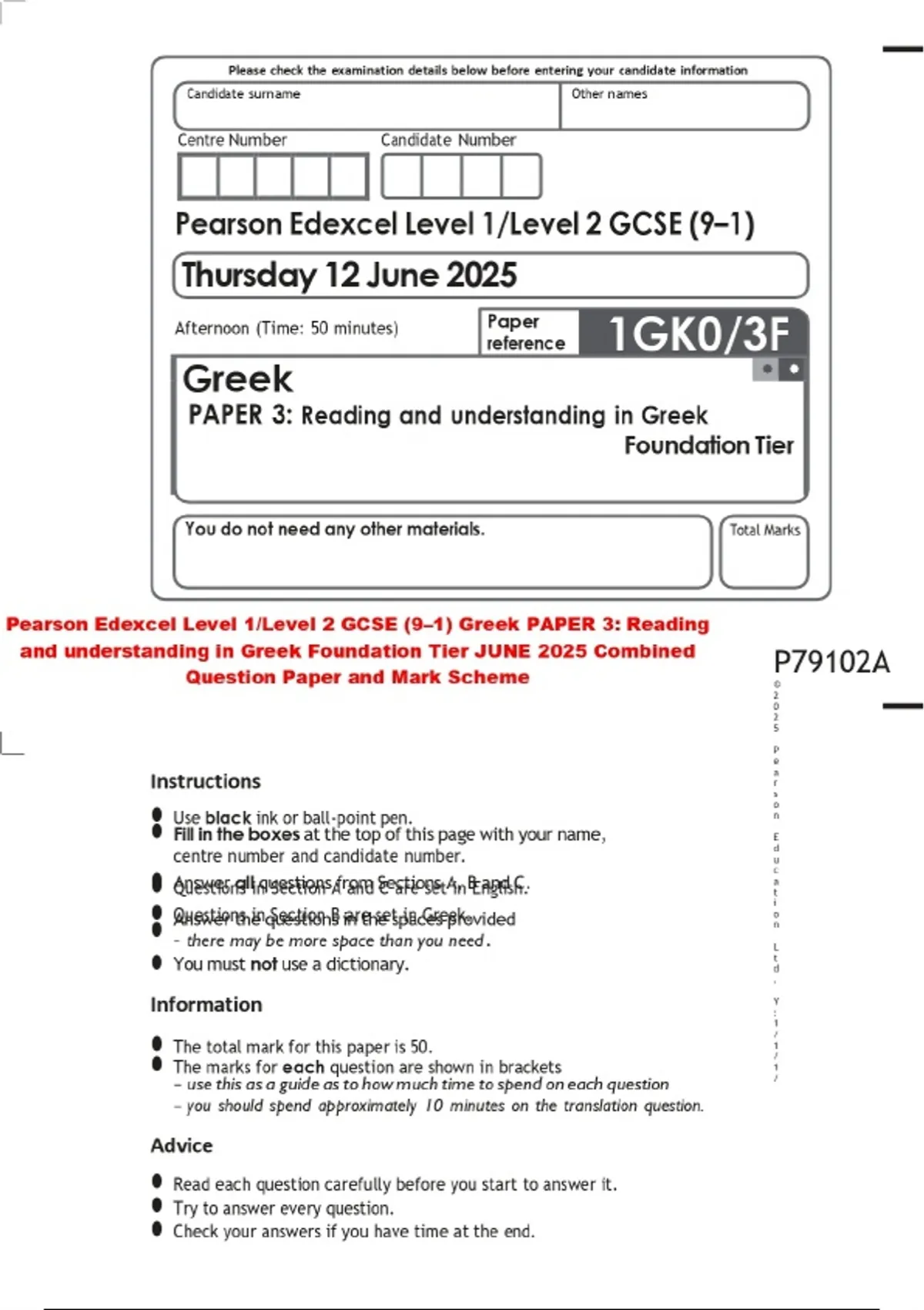 Pearson Edexcel Level 1/Level 2 GCSE (9–1) Greek PAPER 3: Reading and ...