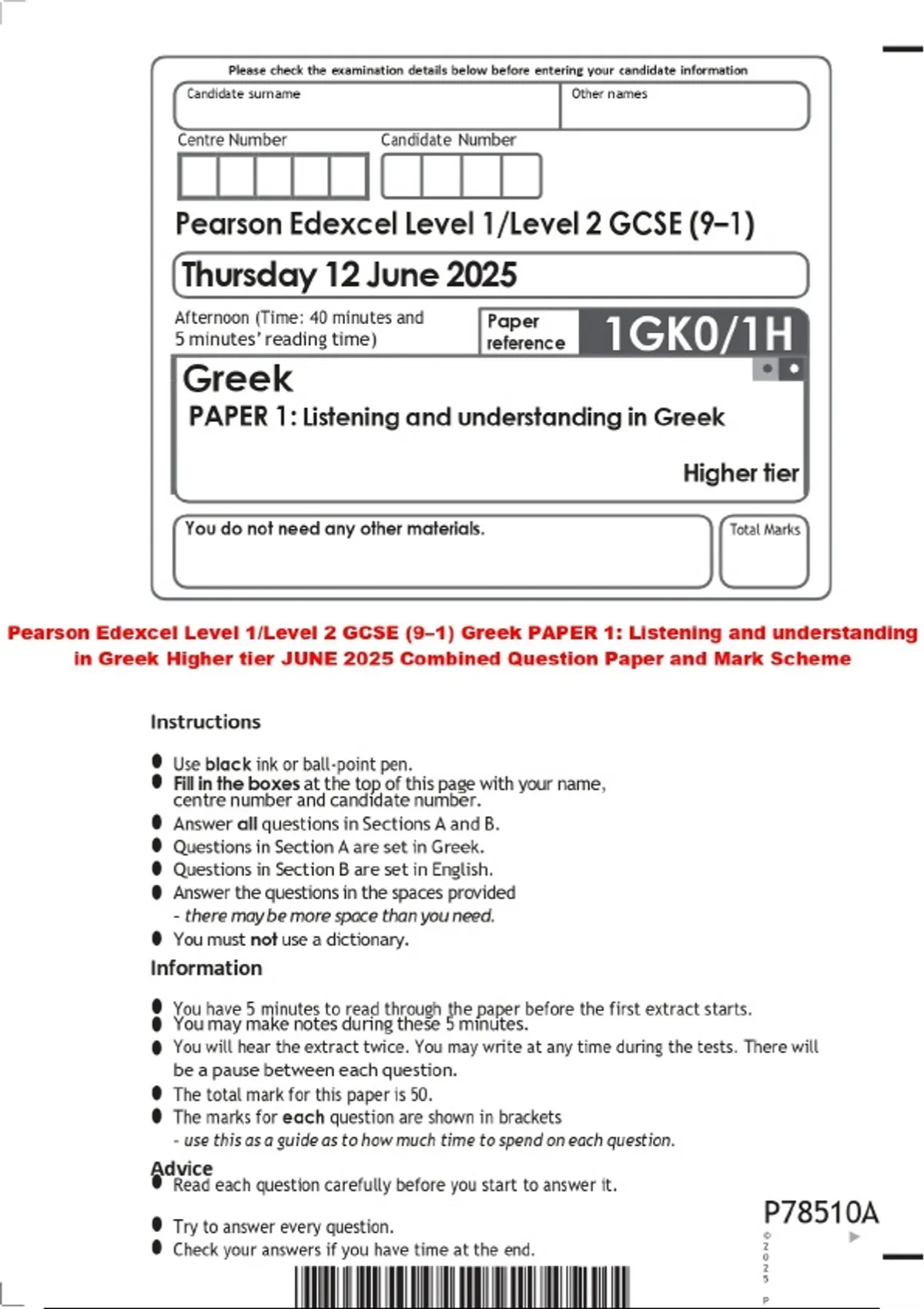 Pearson Edexcel Level 1/Level 2 GCSE (9–1) Greek PAPER 1: Listening and ...